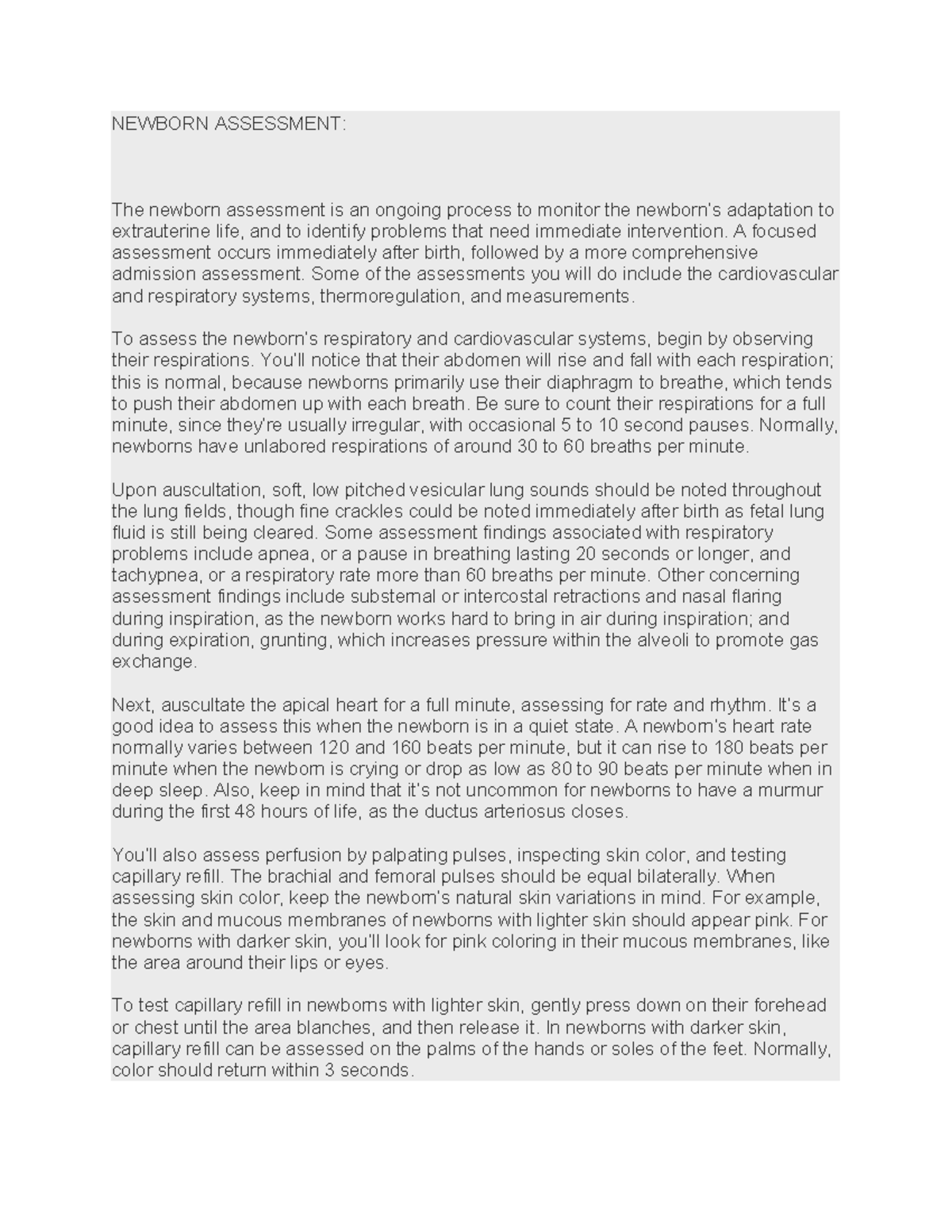 Women Health NOTE - note - NEWBORN ASSESSMENT: The newborn assessment ...