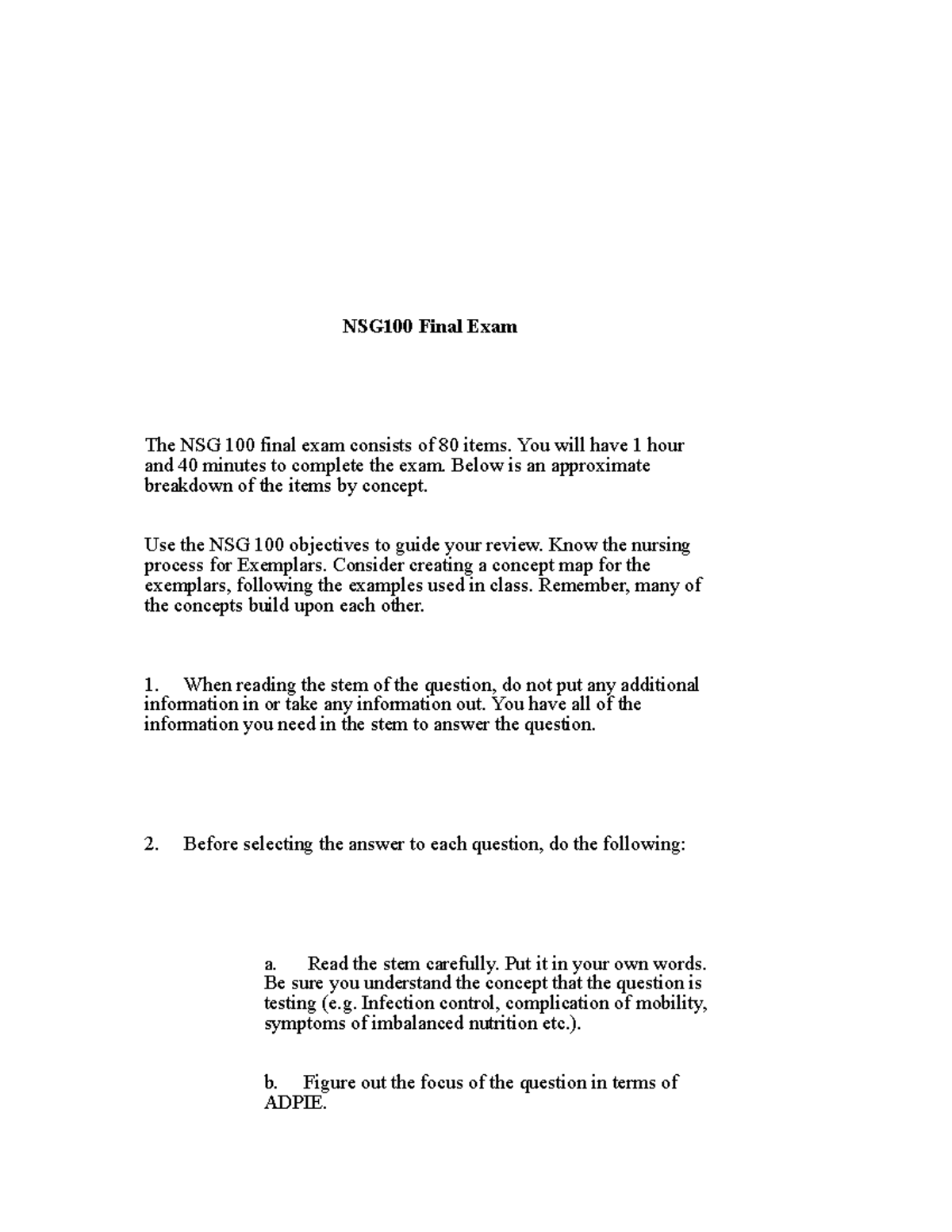 NSG100 Final blueprint - NSG100 Final Exam The NSG 100 final exam ...