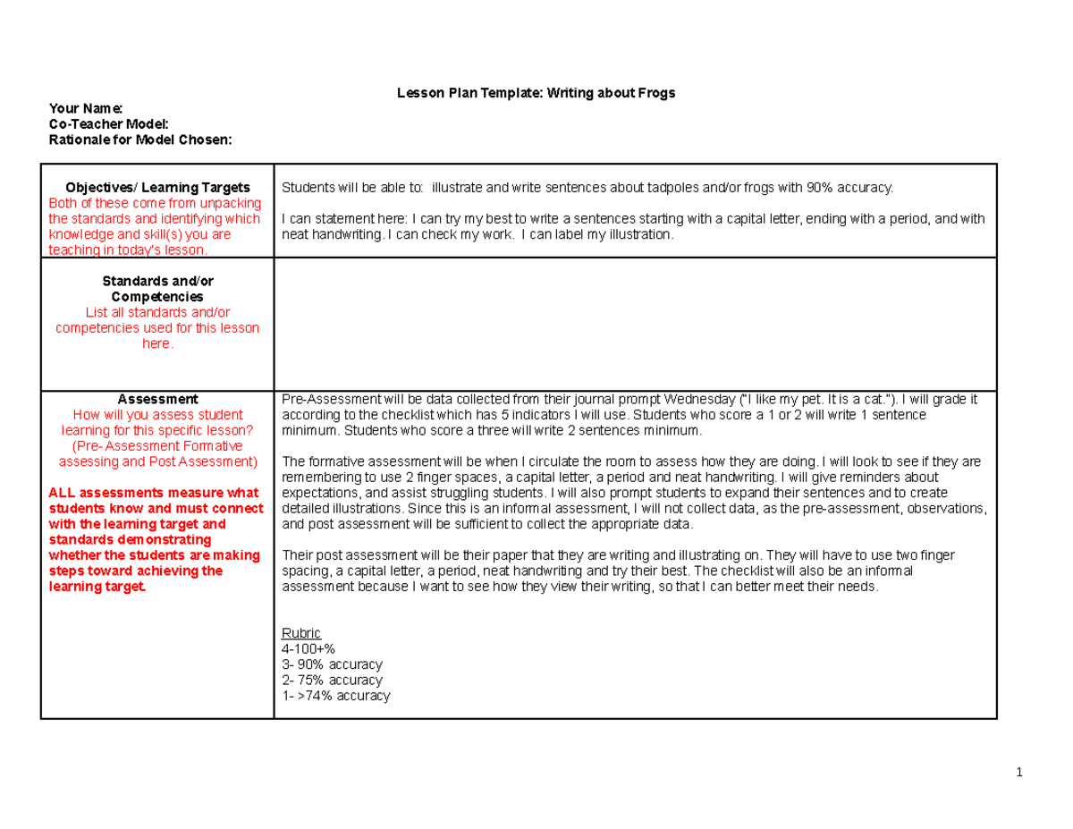 ECE 301 Lesson Edit #1 Template - Lesson Plan Template: Writing about ...