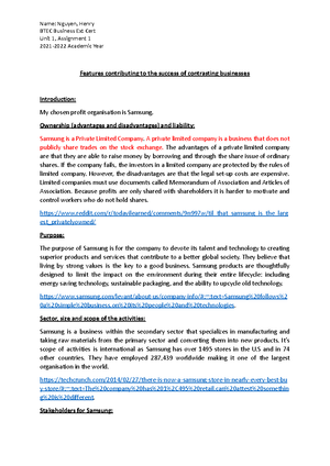BTEC Business unit 1 assignment 1 - Unit 1: A&B: Exploring Business For ...