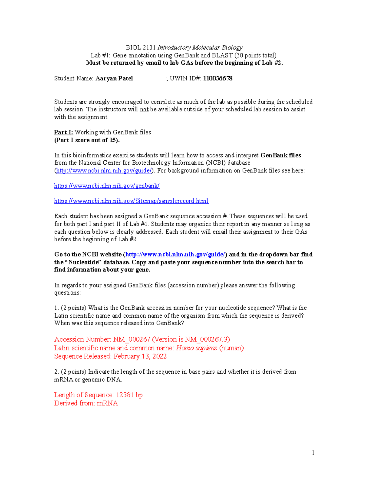 BIOM 2131 Lab 1 Protocol Winter 2022 - BIOL 2131 Introductory Molecular ...