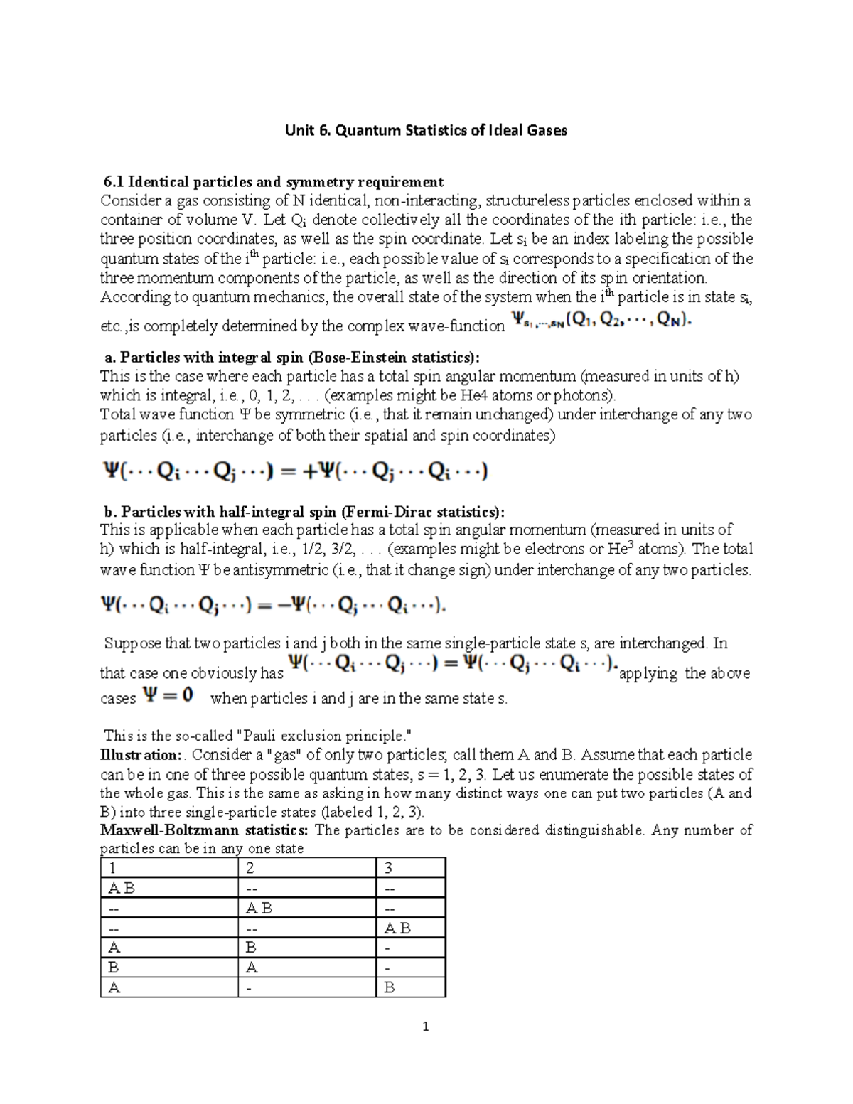 Unit 6IIF - Lecture notes on statistical physics - Unit 6. Quantum ...