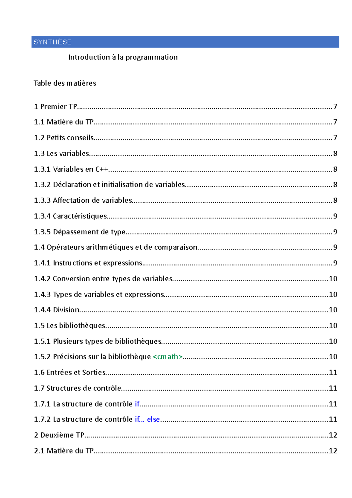 Programmation Q2 - Synthèse - SYNTHÈSE Introduction à la programmation 1 Premier - Studocu