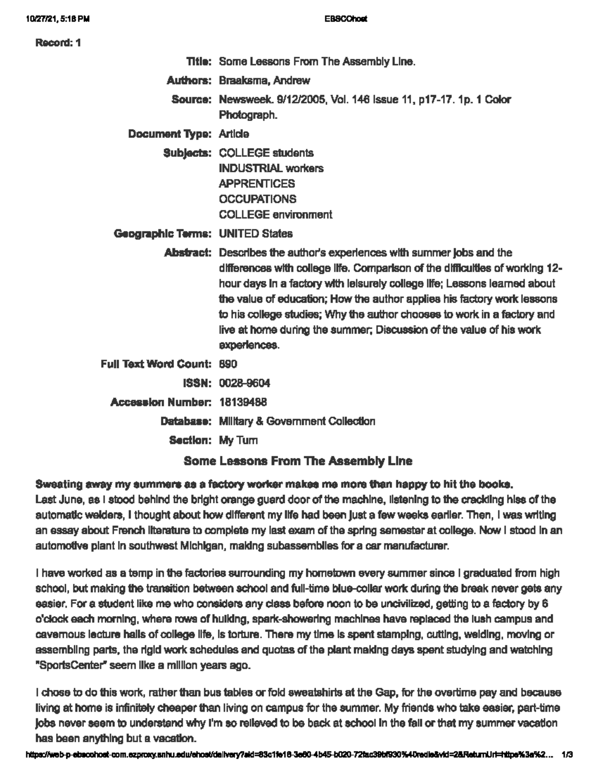 Factory working reading article - RDG 1300 - Studocu