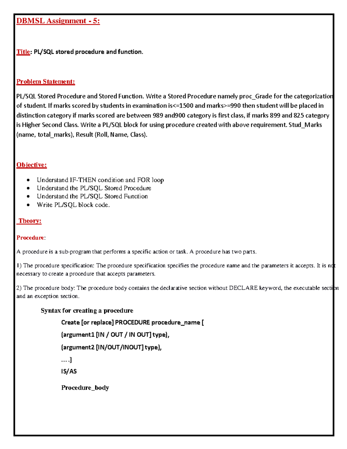 Dbmsl Asgn5 write up - Dbms Assignent 5 - DBMSL Assignment - 5: Title: PL/SQL stored procedure ...