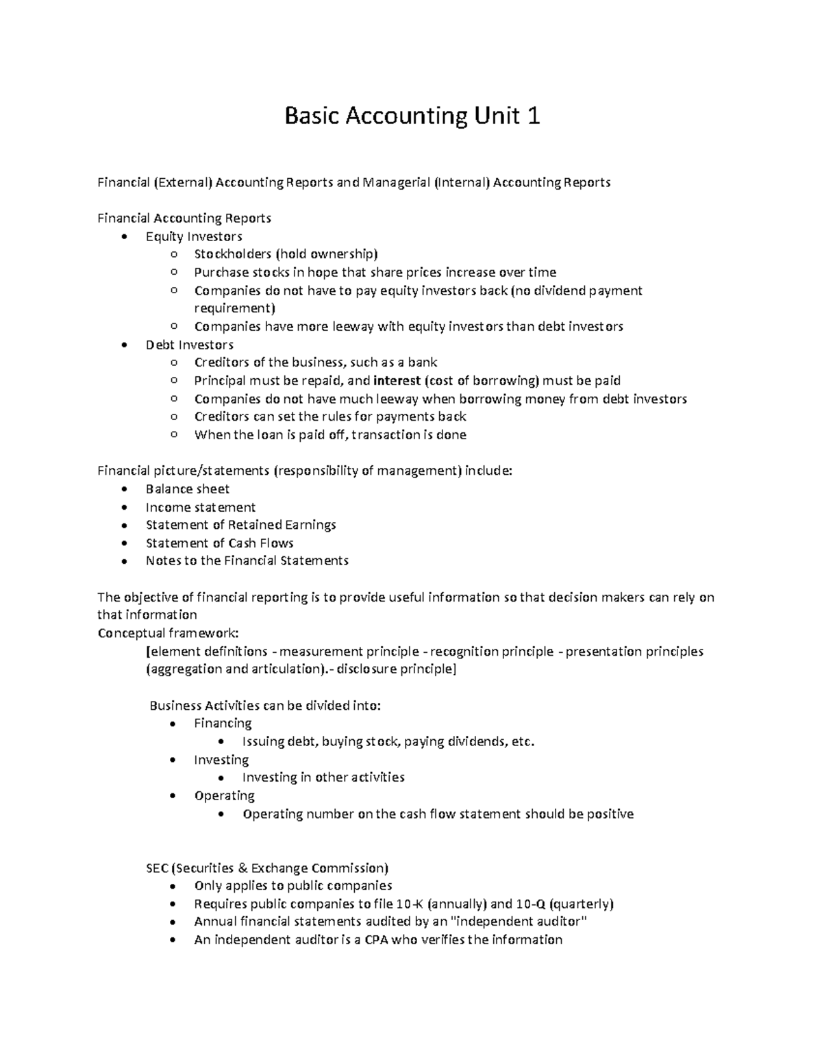 Basic Accounting Unit 1 - disclosure principle] Business Activities can ...