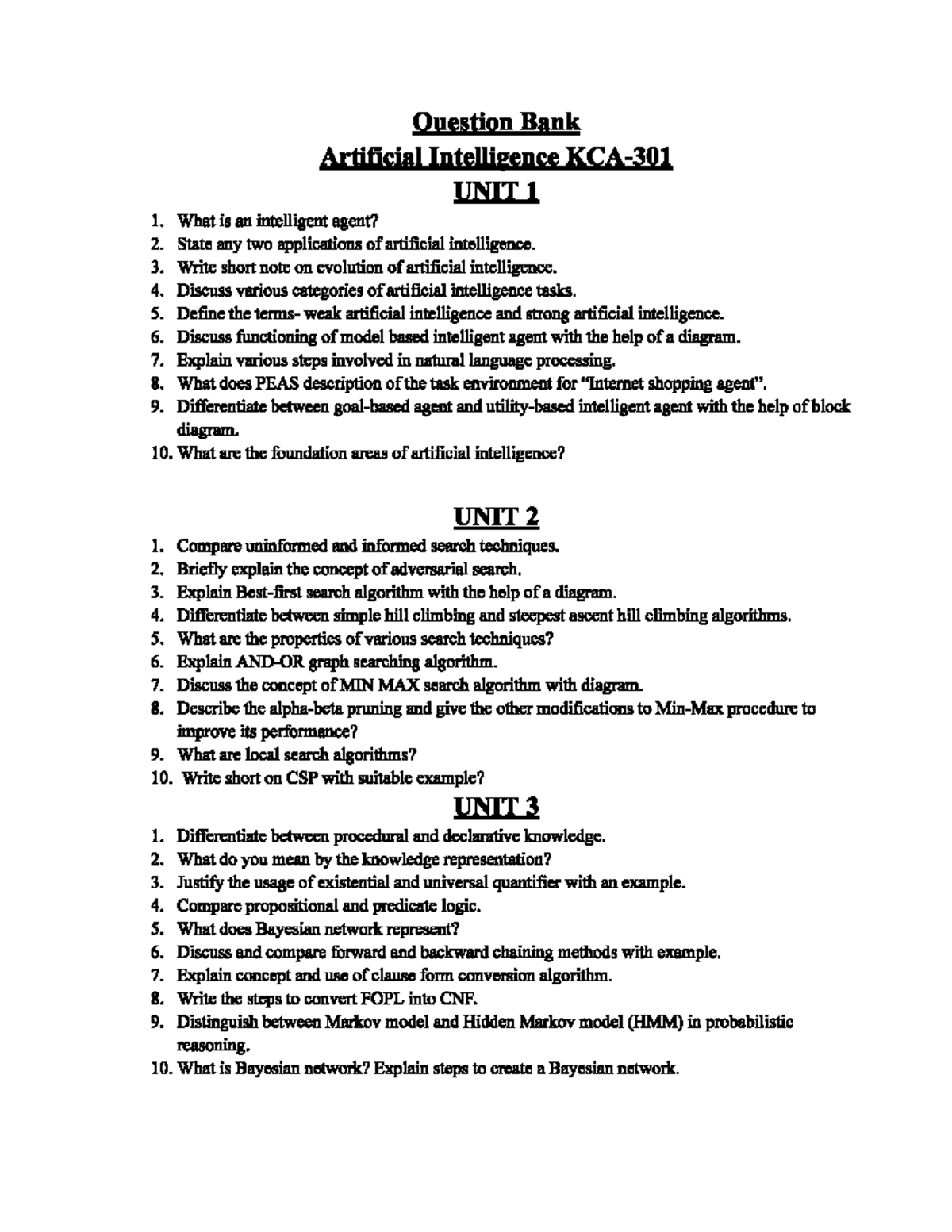 Ai question - Question Bank Artificial Intelligence UNIT 1 1. What is ...