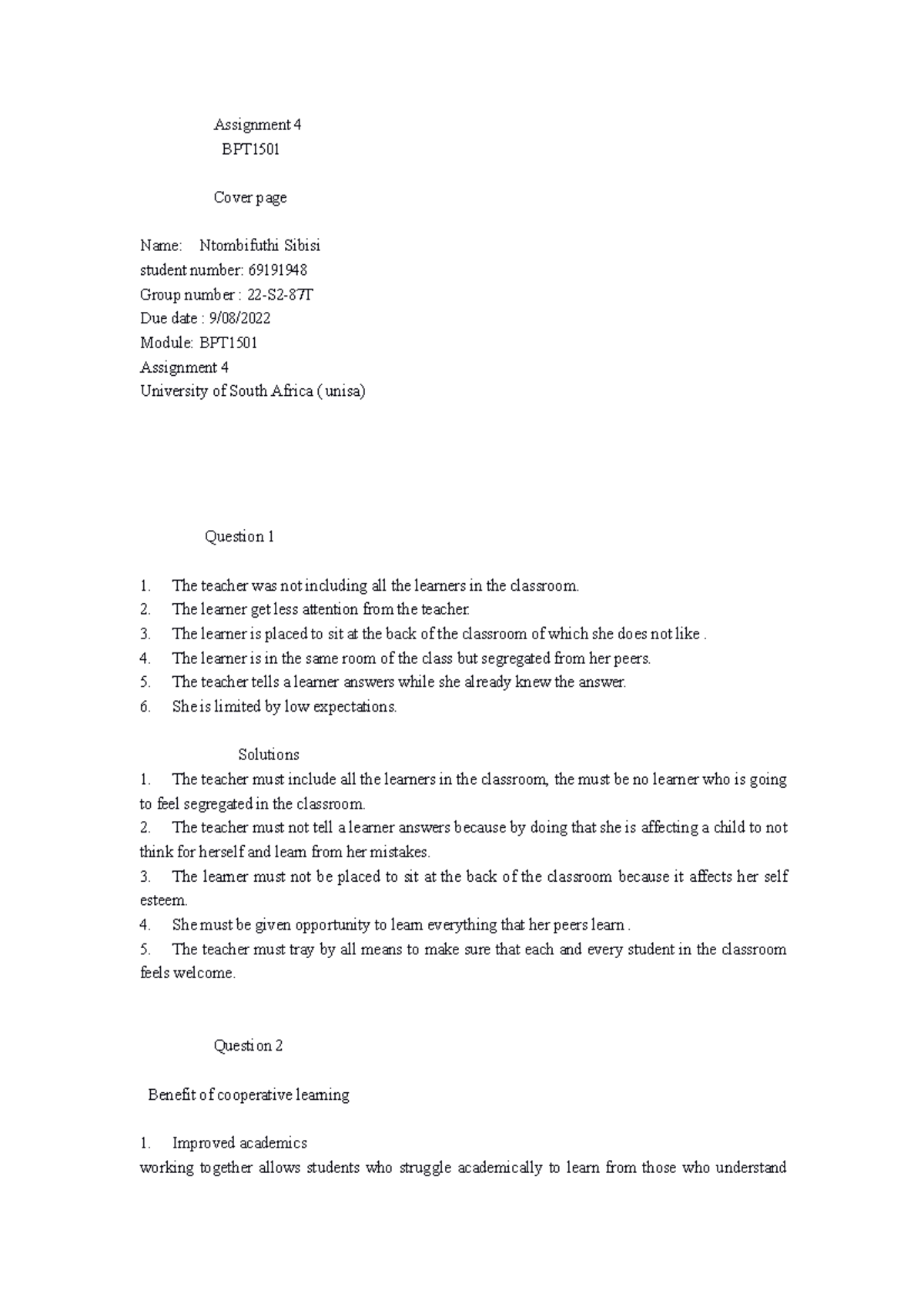 Assignment 4 - BPT151 being a professional teacher - Assignment 4 BPT Cover page Name ...