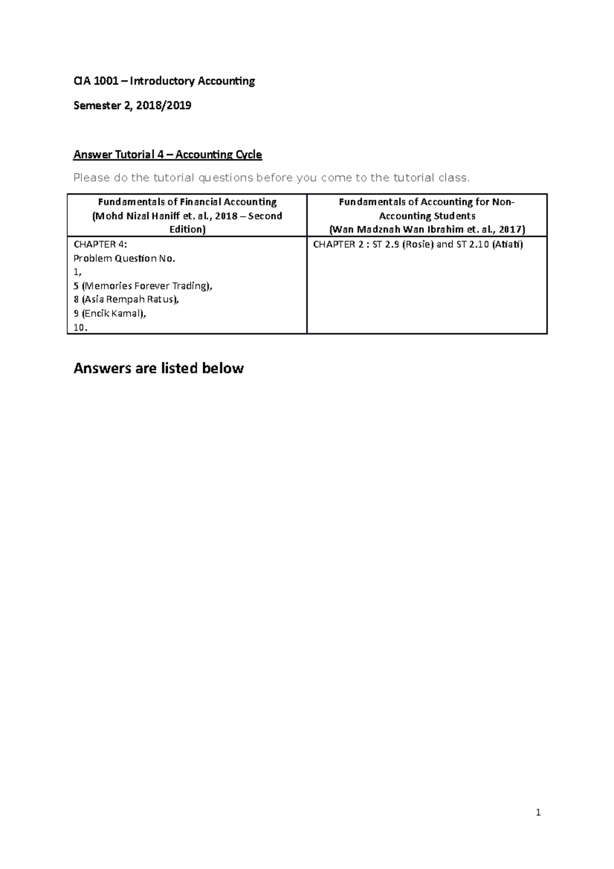 Accounting tutorial - CIA 1001 – Introductory Accounting Semester 2 ...