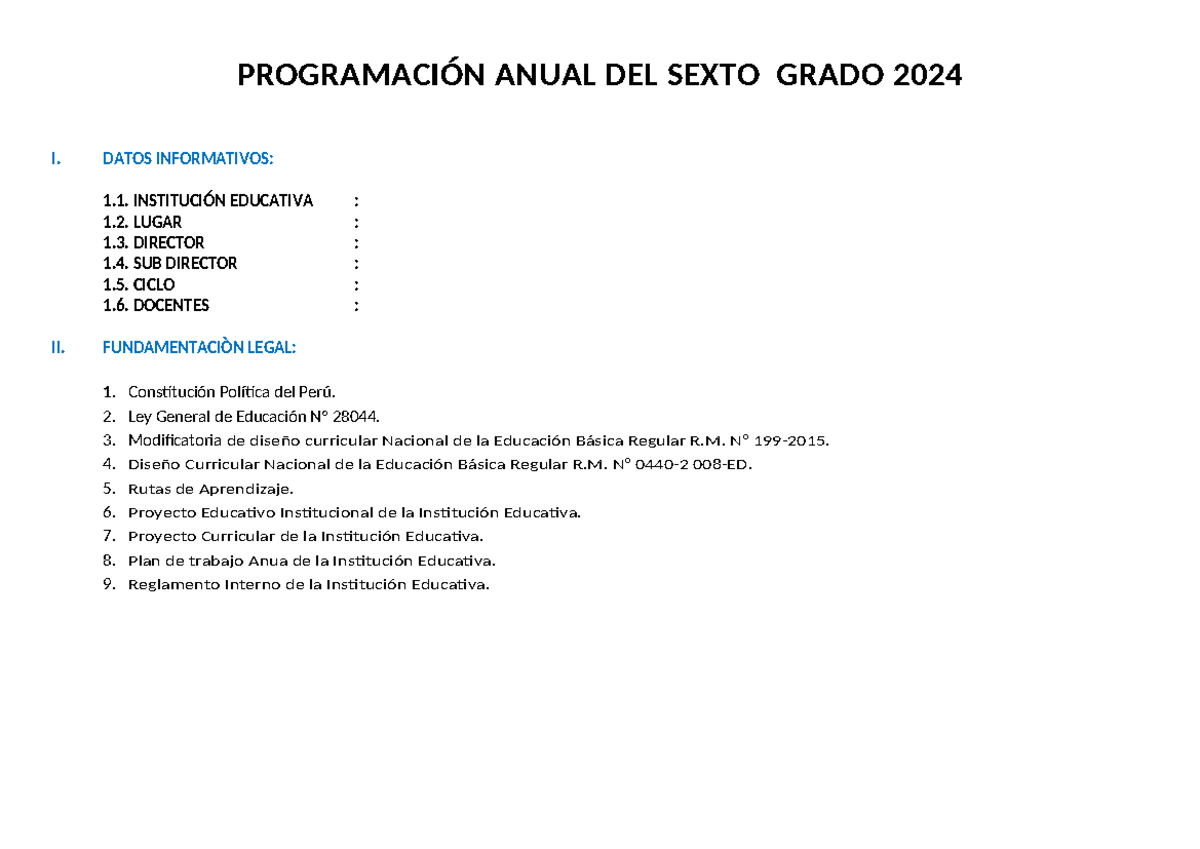 Programacion Anual- Imprimir - PROGRAMACIÓN ANUAL DEL SEXTO GRADO 2024 I. DATOS INFORMATIVOS: 1 ...