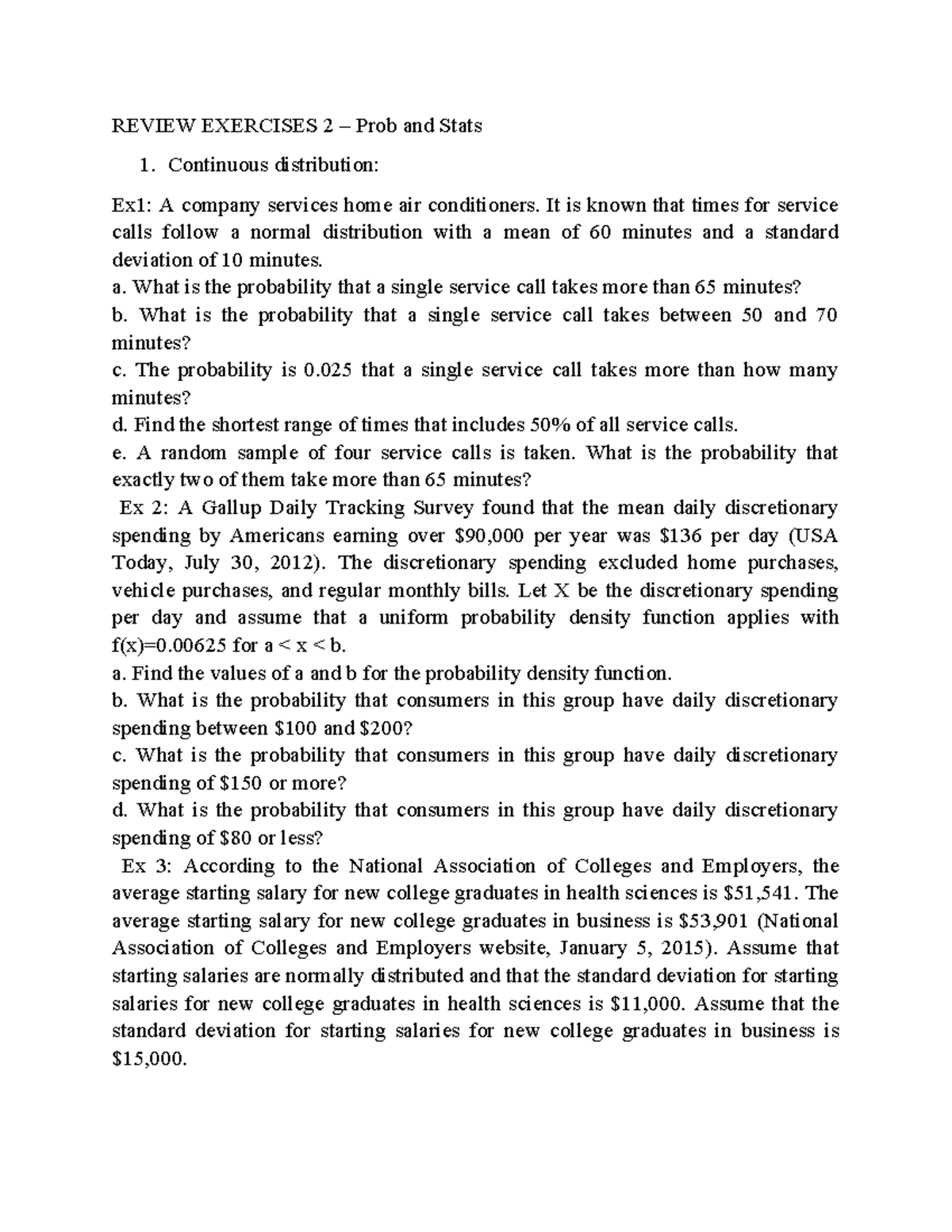 Review- Exercises-2 - toán - REVIEW EXERCISES 2 – Prob and Stats 1 ...