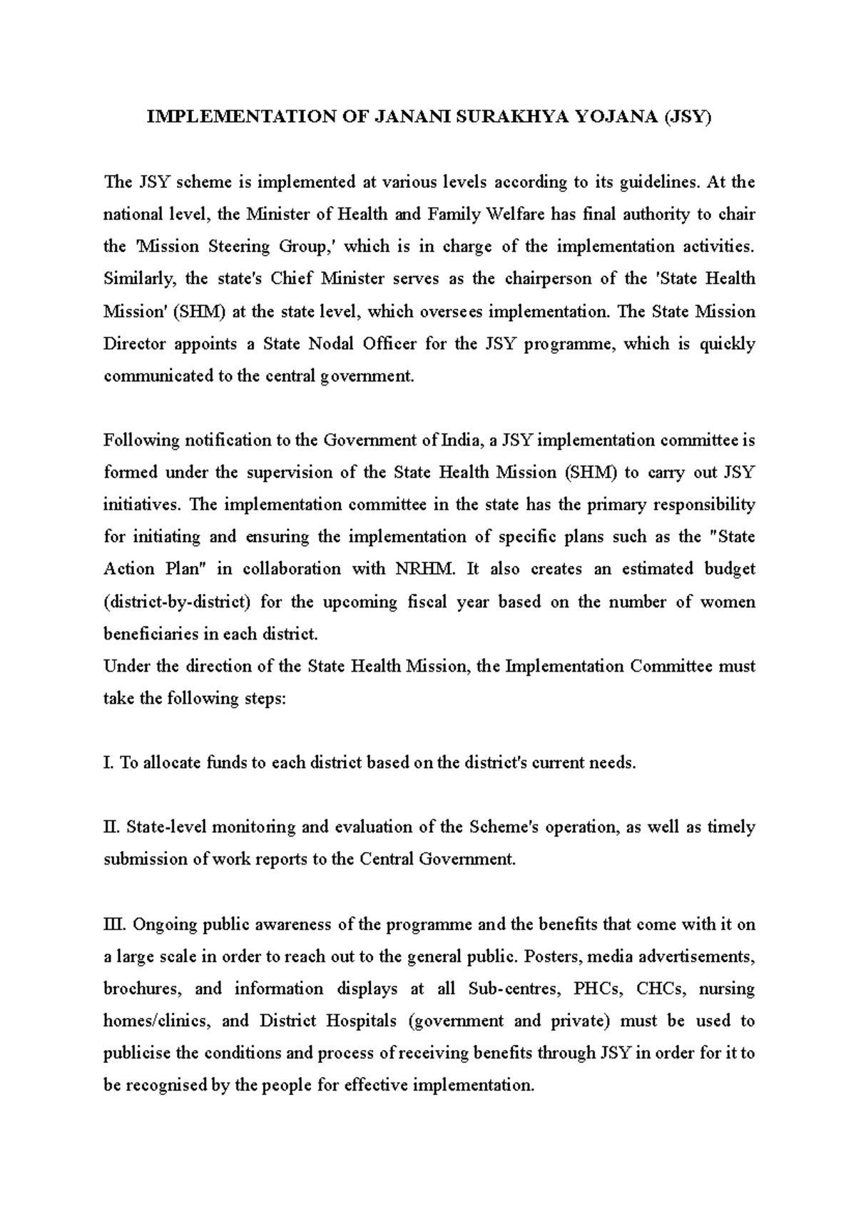 Implementation OF Janani Surakhya Yojana (JSY) - IMPLEMENTATION OF ...