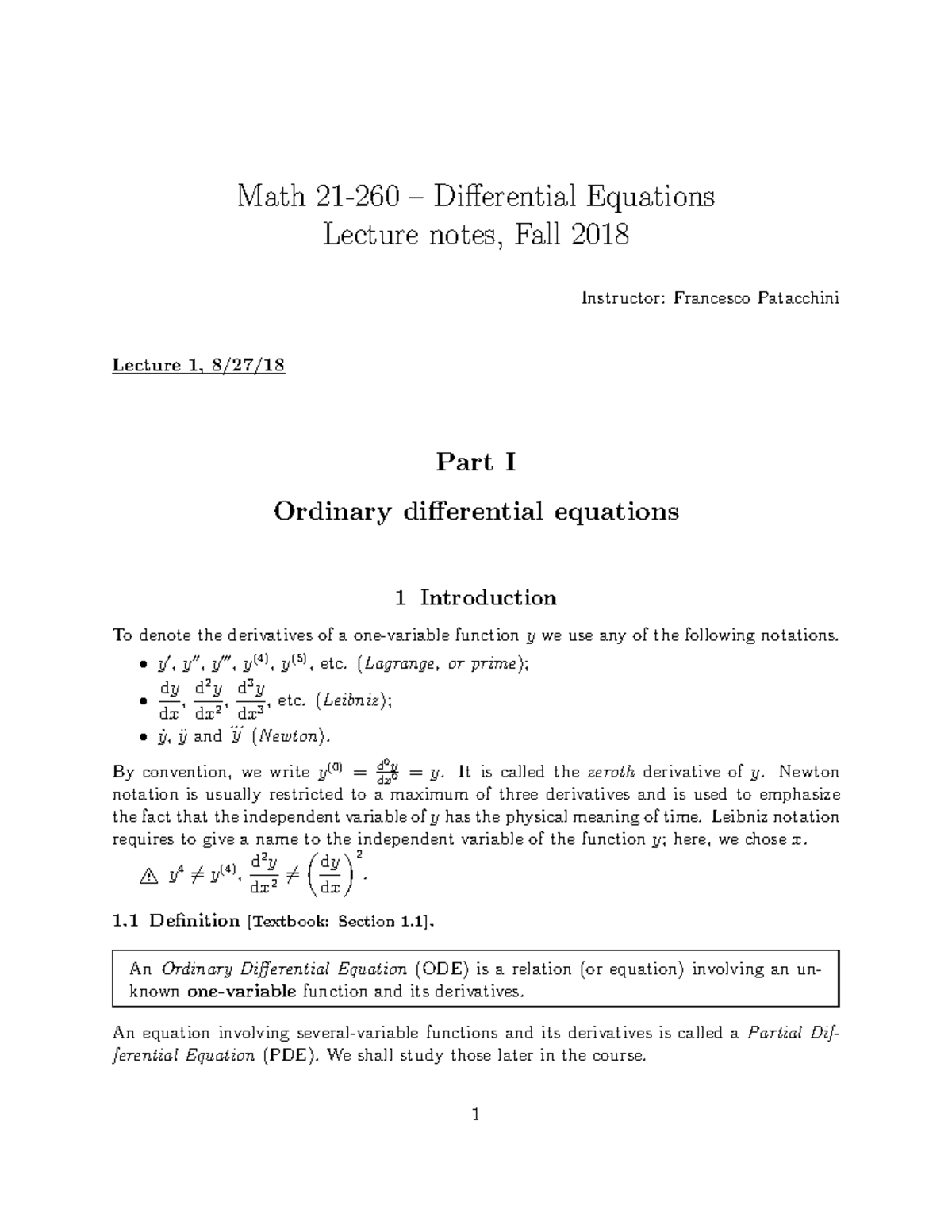 Diffeq Notes 1 - Math 21-260 – Differential Equations Lecture notes ...