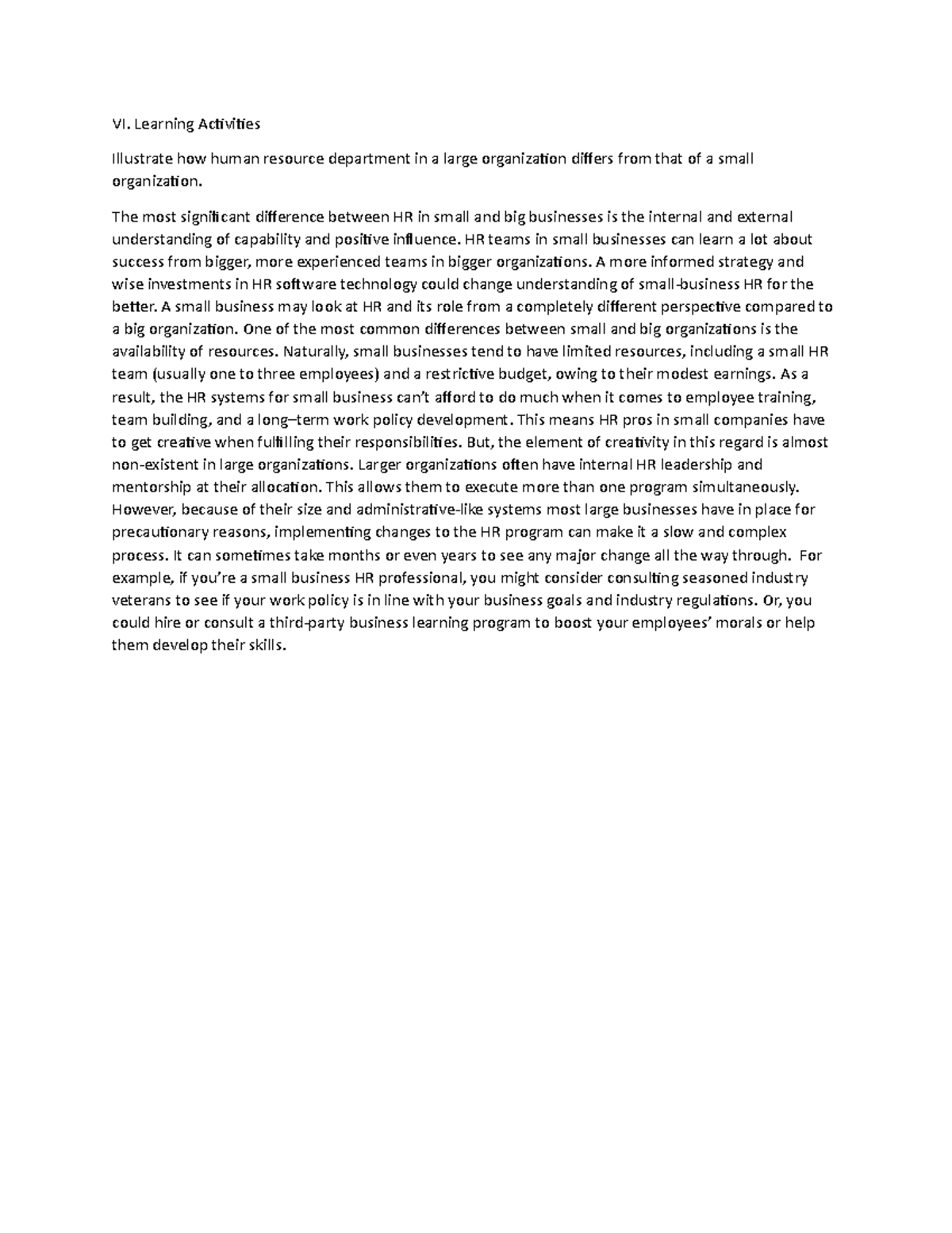 Human Resource Management Learning Activities - Human Behavior in ...