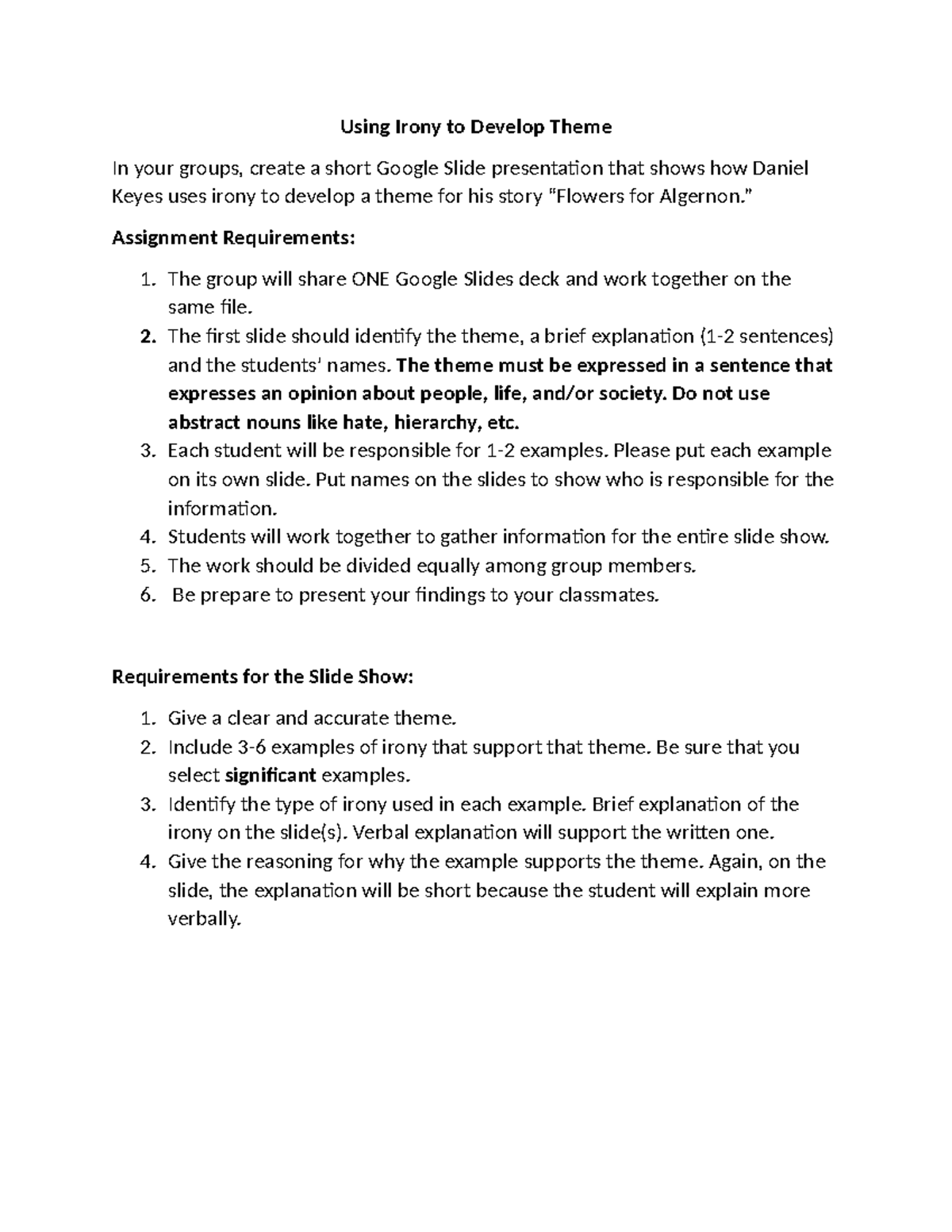 Using Irony to Develop Theme - ” Assignment Requirements: The group ...