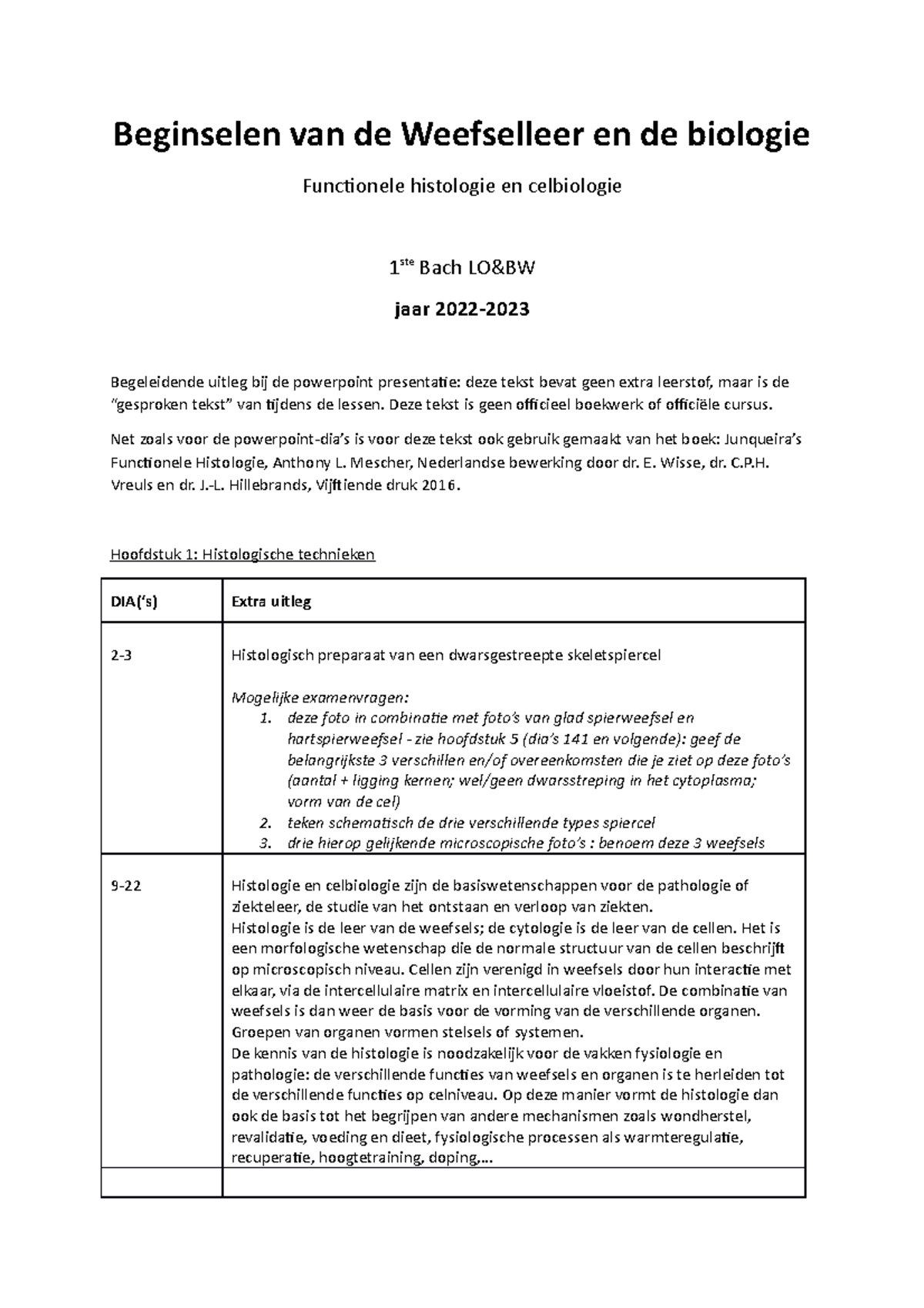 Uitleg 2023- deel 1 Beginselen van de Weefselleer en de biologie ...
