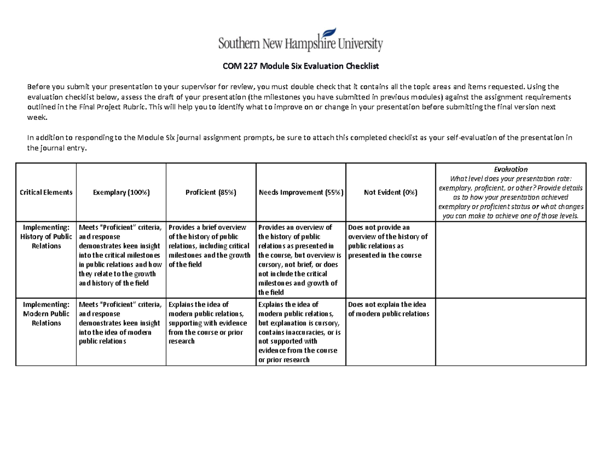 COM 227 Evaluation Checklist - COM 227 Module Six Evaluation Checklist ...