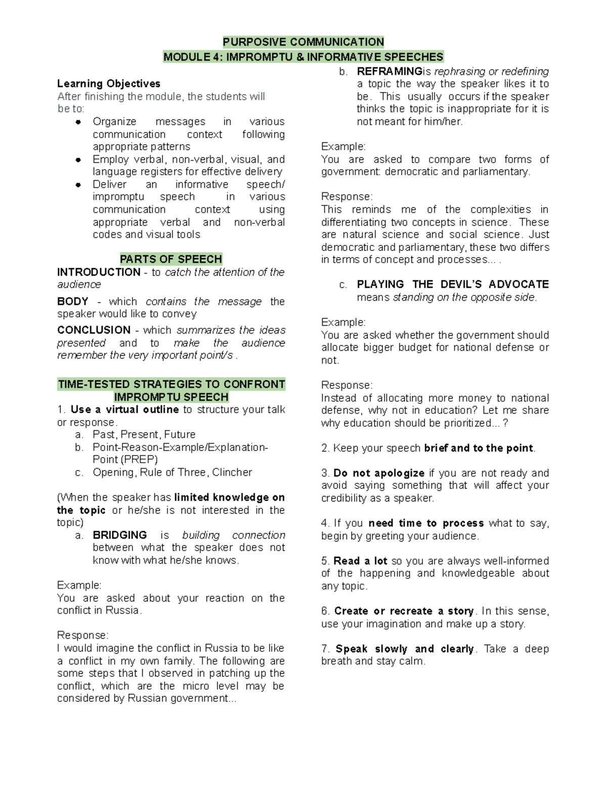 PC MOD 4 - PURPOSIVE COMMUNICATION MODULE 4: IMPROMPTU & INFORMATIVE ...