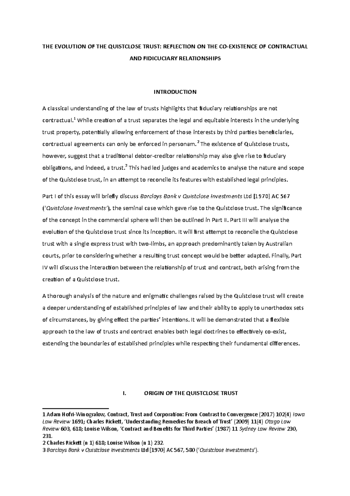 quistclose trust assignment - THE EVOLUTION OF THE QUISTCLOSE TRUST ...