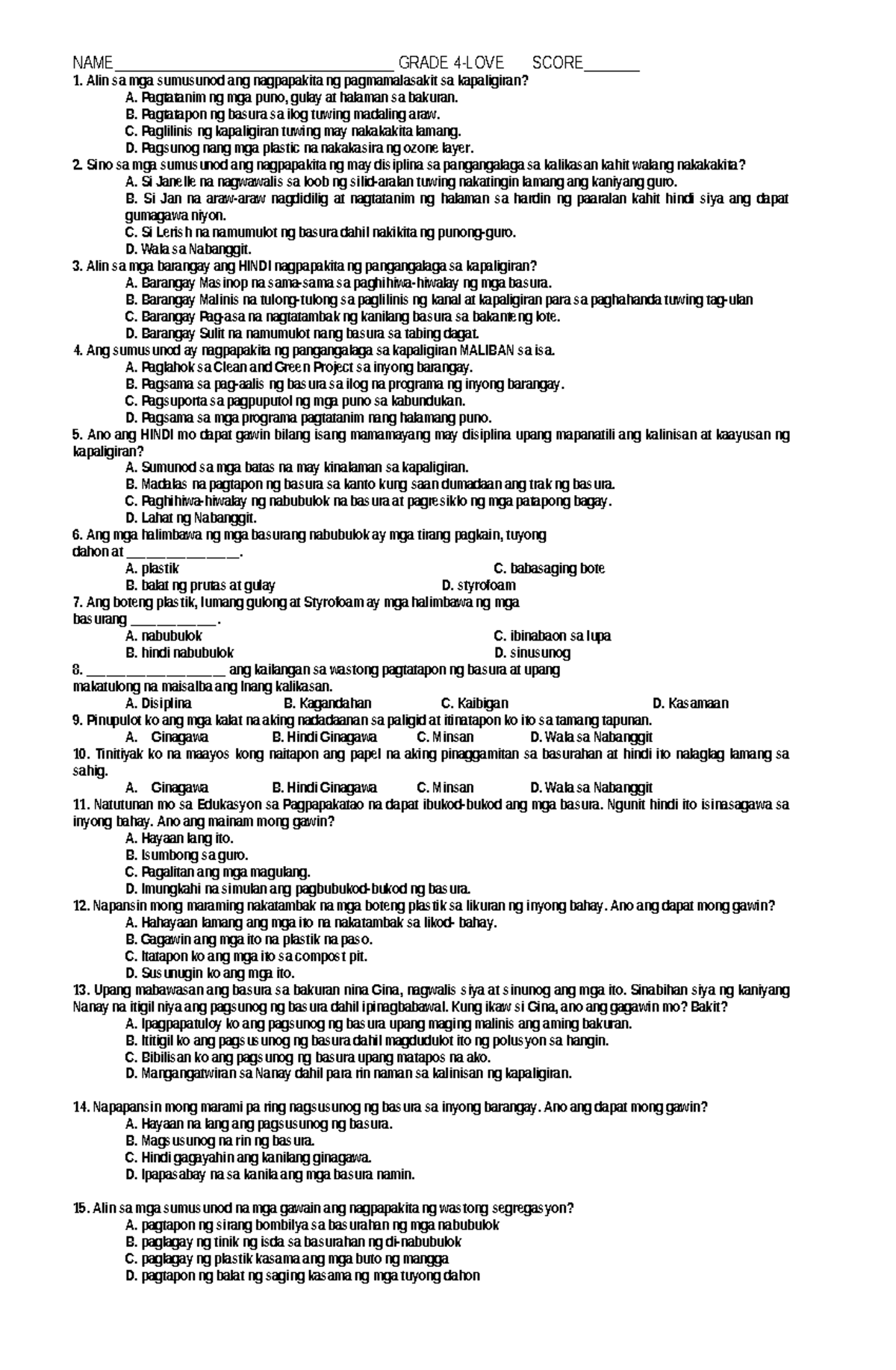 ESP Q3 WK 4 - REVIEWER - NAME___________________________________ GRADE 4-LOVE SCORE_______ 1 ...