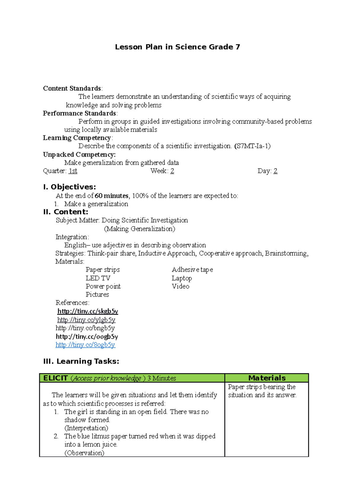 1 - Essay - Lesson Plan in Science Grade 7 Content Standards: The ...