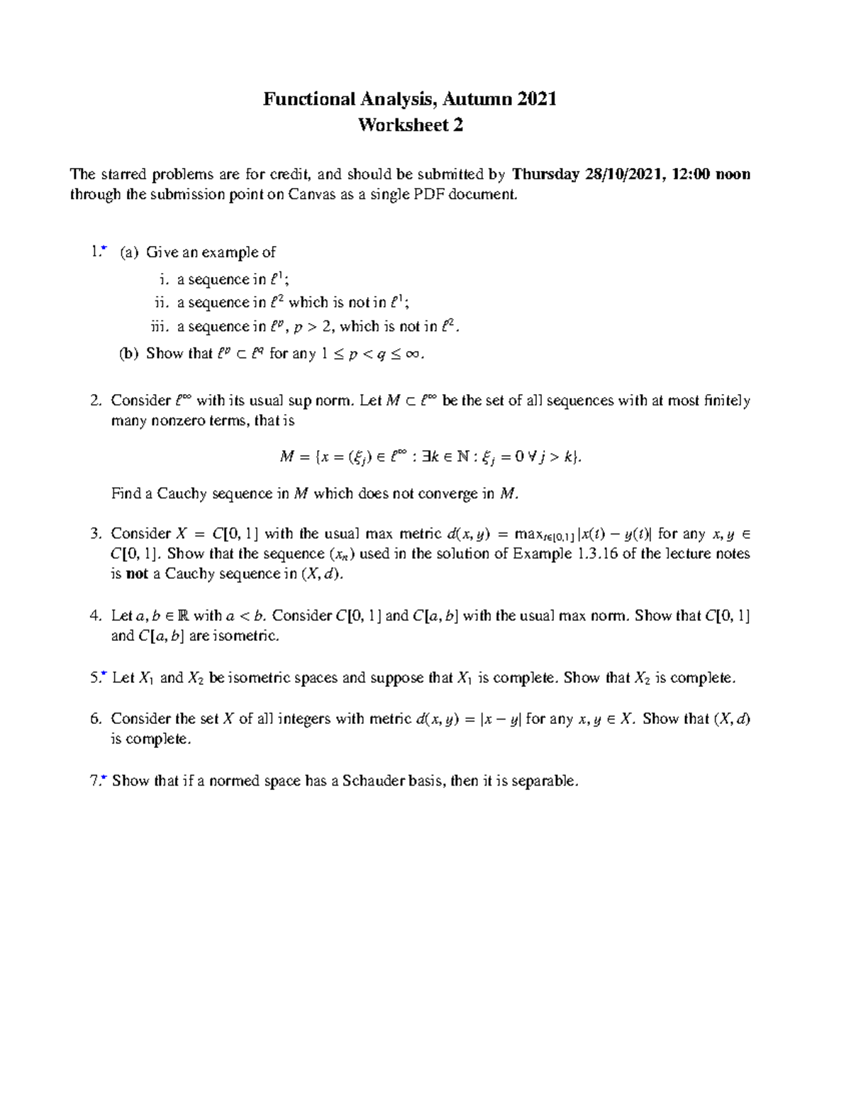 Worksheet 2 2021 - Functional Analysis, Autumn 2021 Worksheet 2 The ...