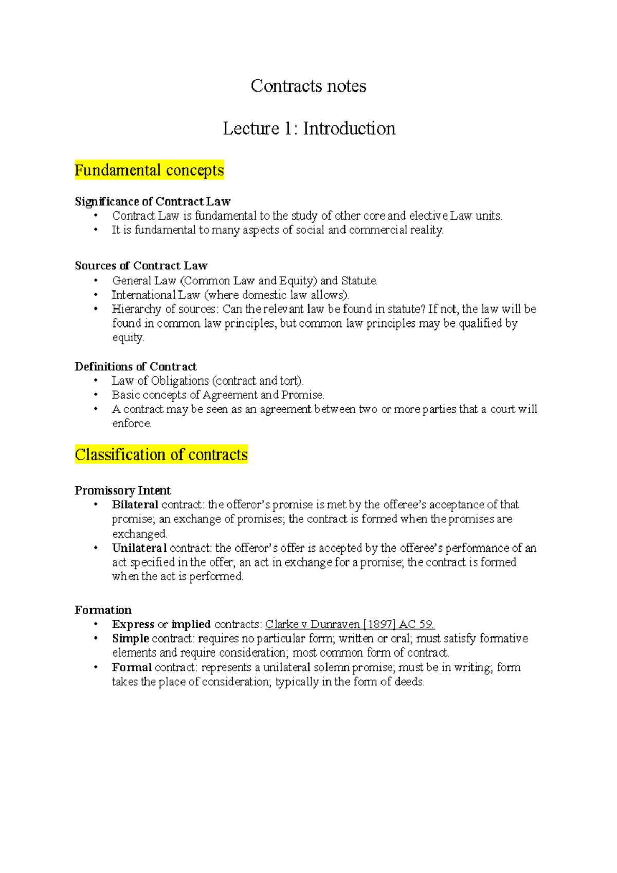 Contracts notes - Contracts notes Lecture 1: Introduction Fundamental ...