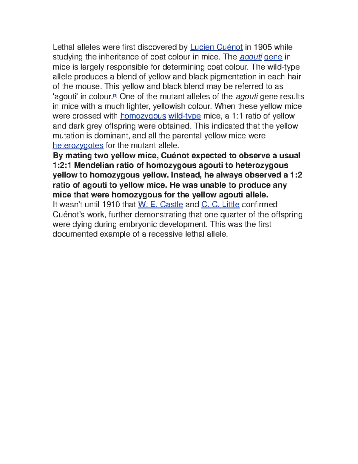 Discovery of Lethal Alleles - Lethal alleles were first discovered by Lucien Cuénot in 1905 ...