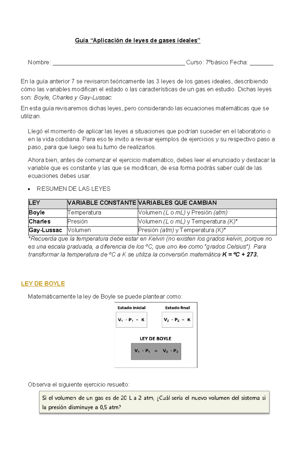 Leyes DE LOS Gases- Ejercicios Matematicos 7MO Básico - Guía “Aplicación de leyes de gases ...