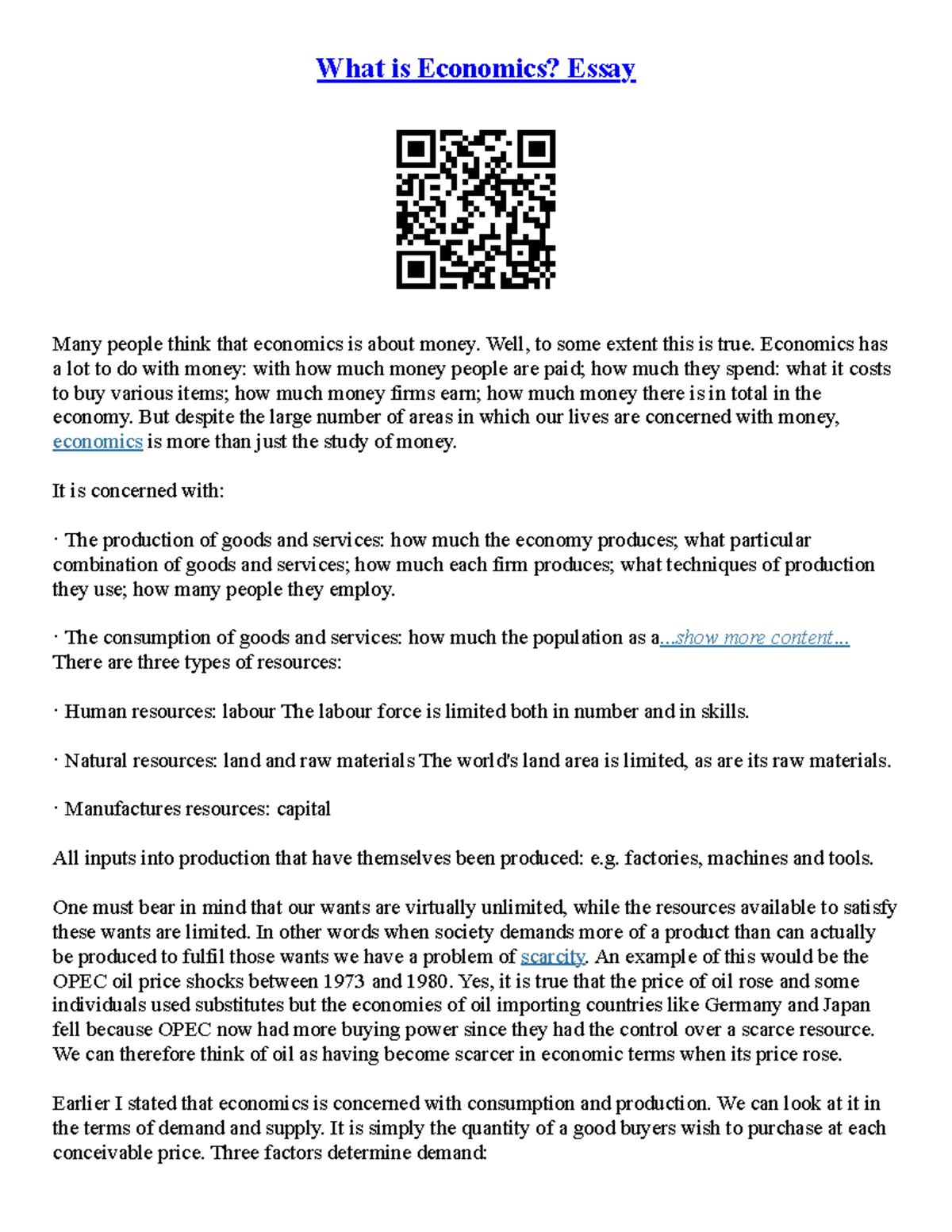 Essay About Economic - What is Economics? Essay Many people think that ...