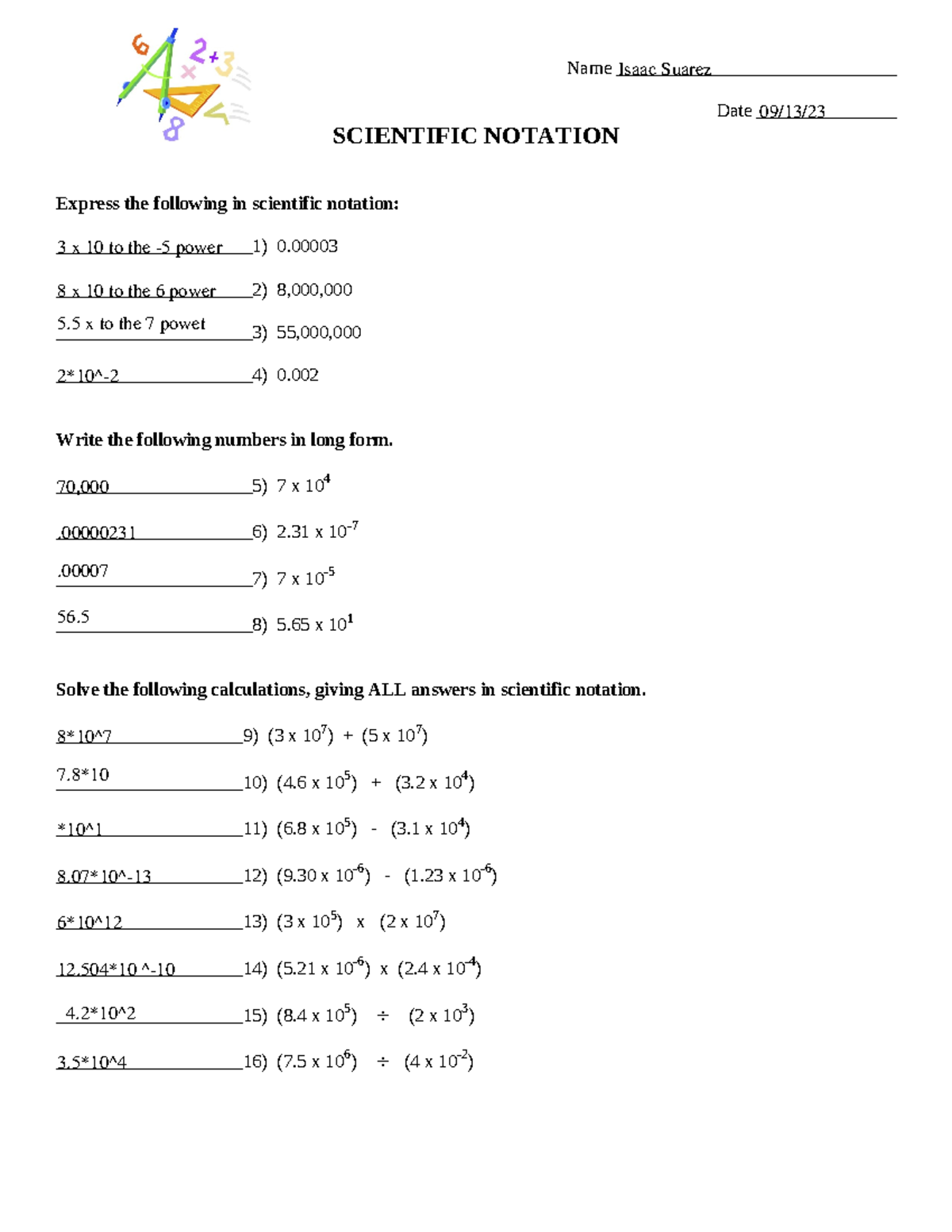 CSHW1.5 Scientific Notation - Name ______________________________ Date ...