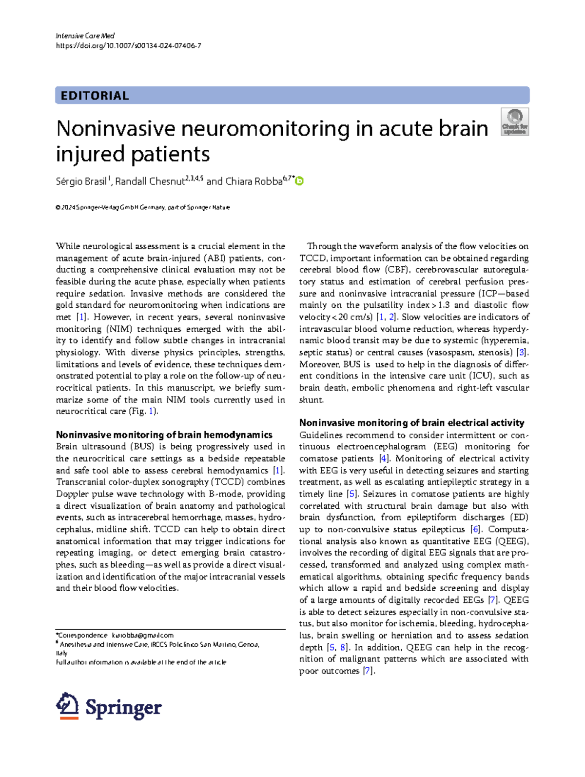 Neuromonitoreo no invasivo - Intensive Care Med doi/10.1007/s00134-024-07406- EDITORIAL ...