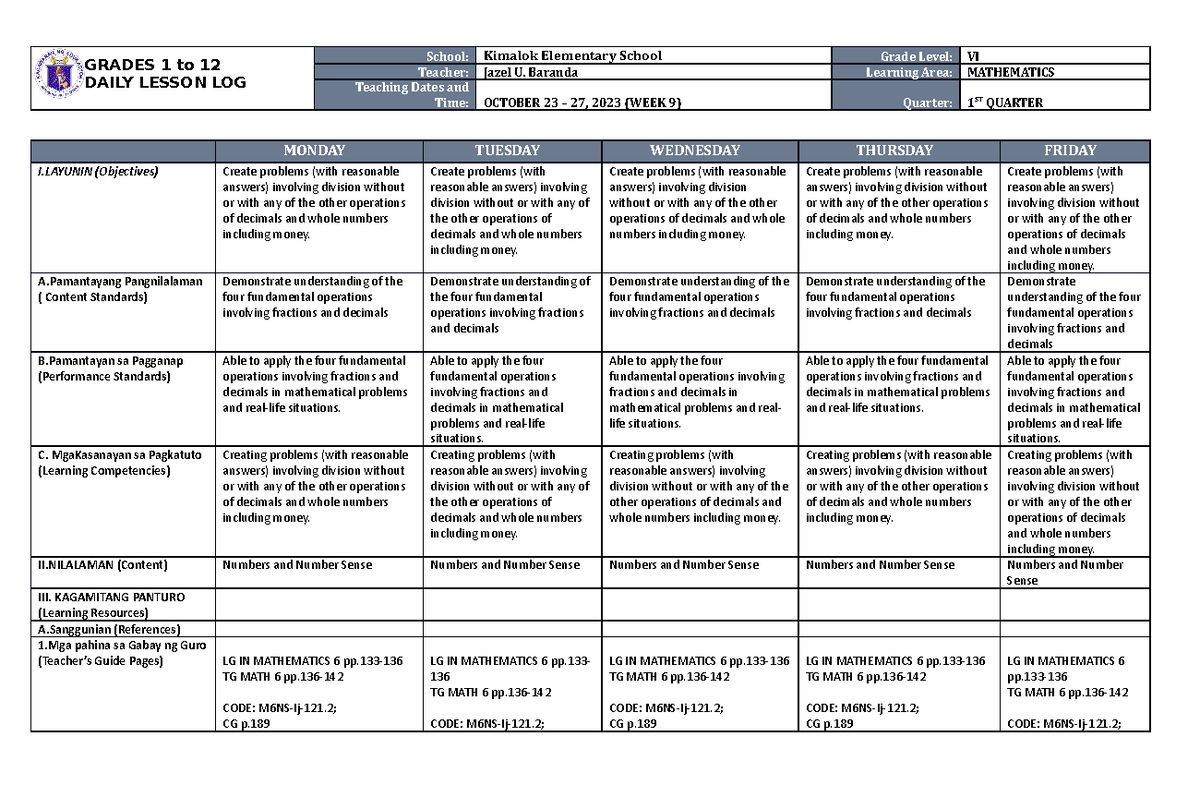 DLL Mathematics 6 Q1 W9 - GRADES 1 to 12 DAILY LESSON LOG School ...