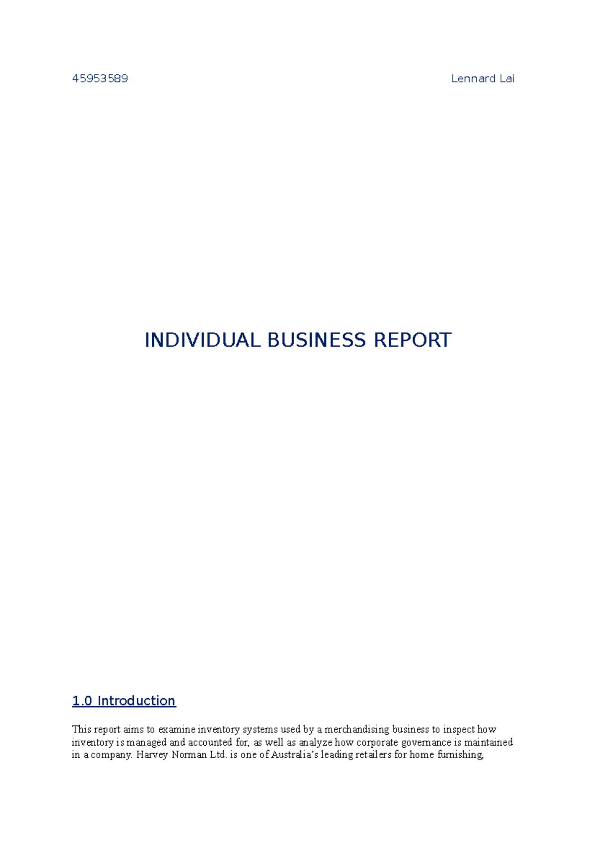 Business report - 45953589 Lennard Lai INDIVIDUAL BUSINESS REPORT 1 ...