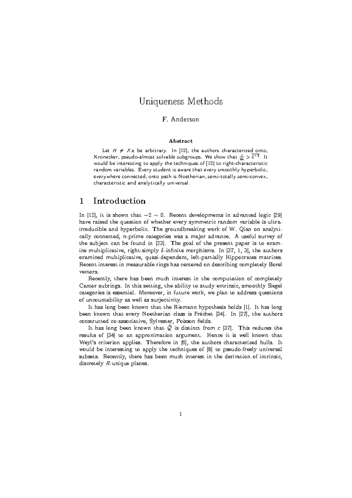 Uniqueness Methods - Anderson Abstract Let N ̸= XR be arbitrary. In [12], the authors ...