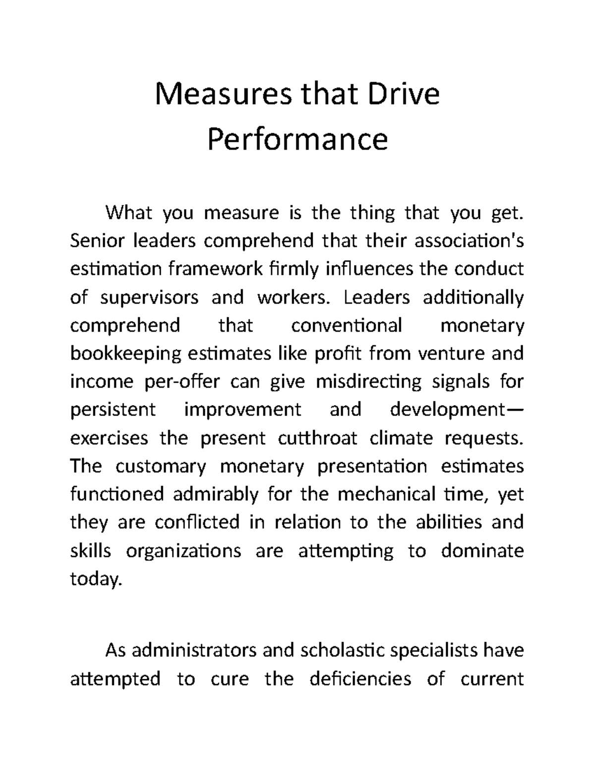 Management Measures That Drive Performance Measures That Drive