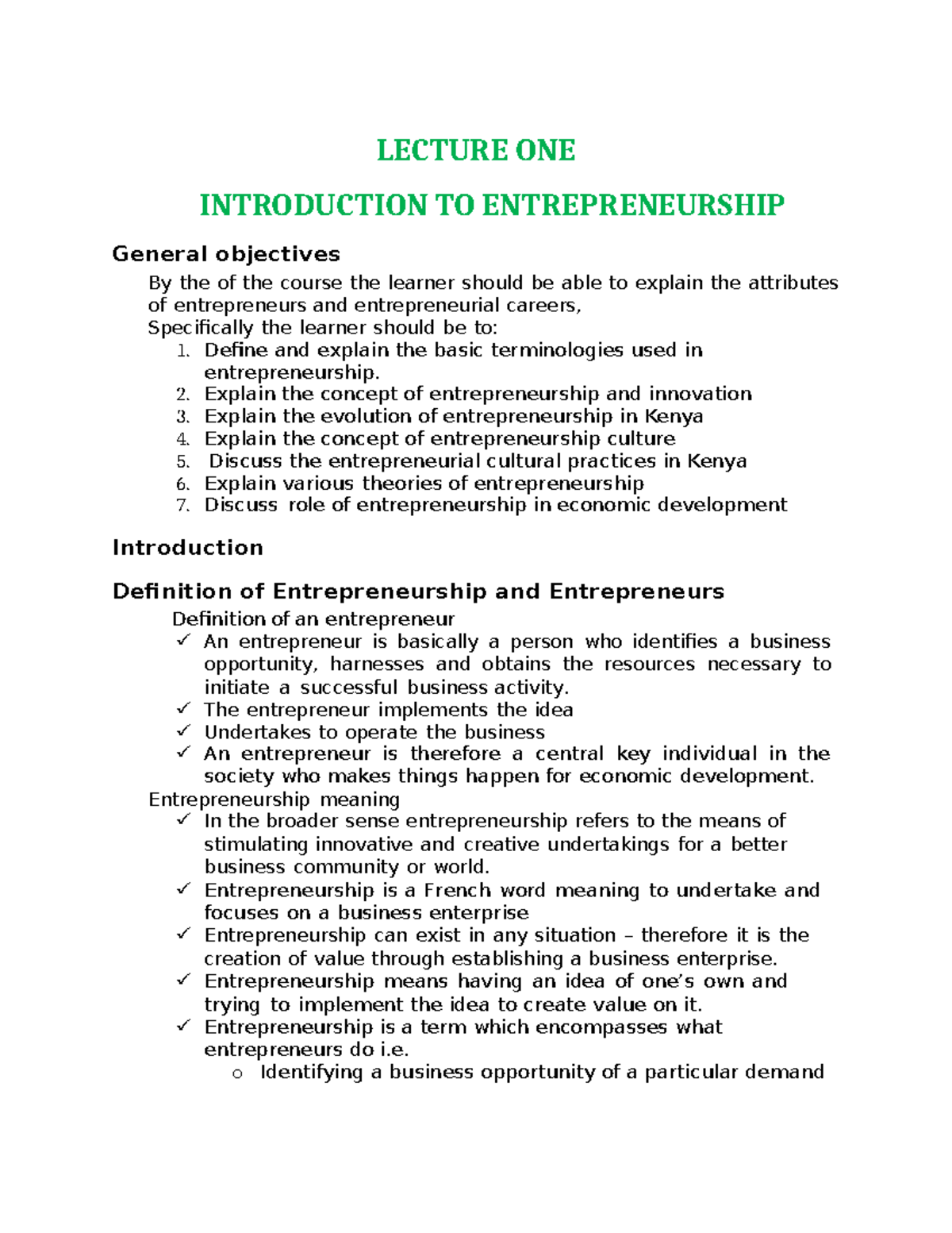 GS 105 Entrepreneurship 1 & 2 - LECTURE ONE INTRODUCTION TO ...