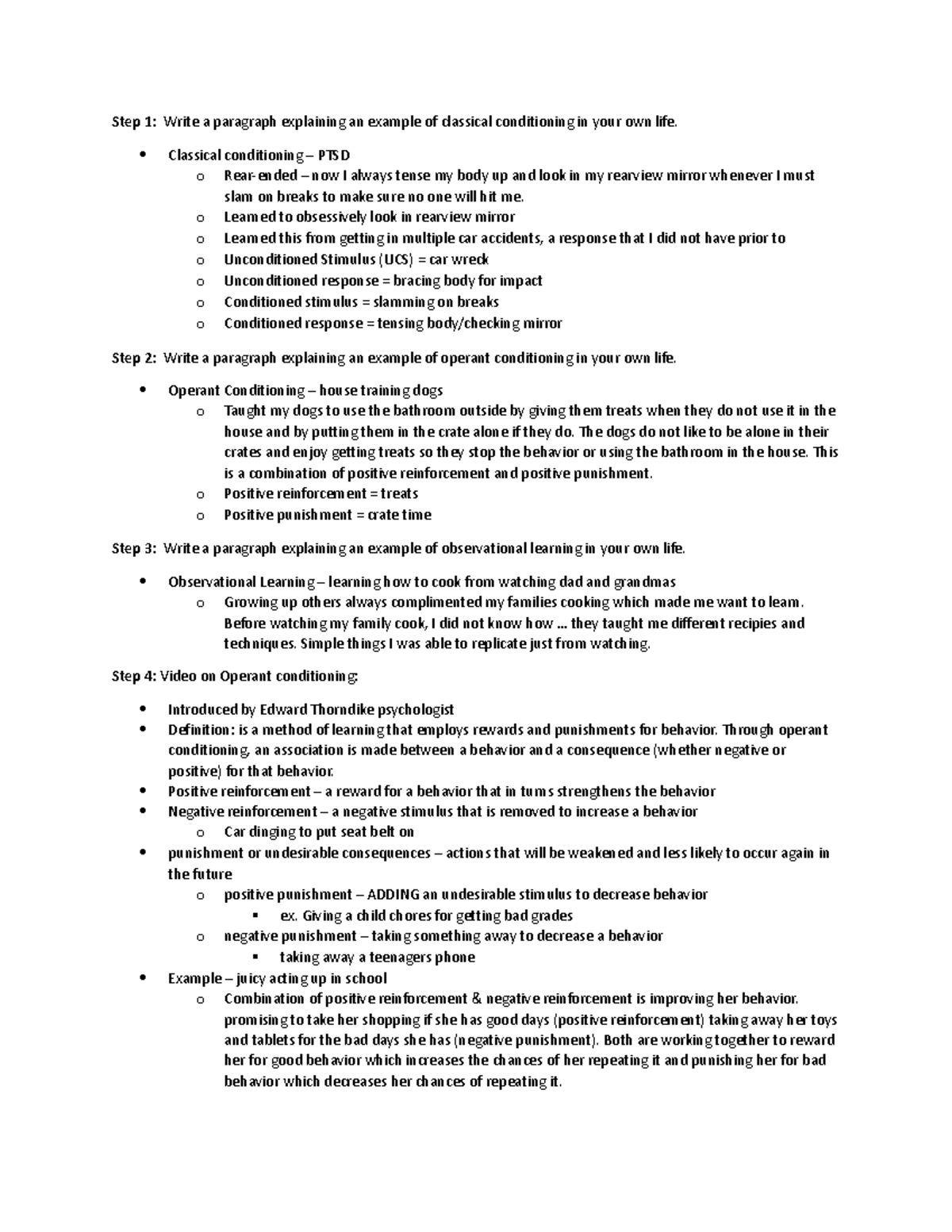 Unit 4 Outline - Step 1: Write a paragraph explaining an example of classical conditioning in ...