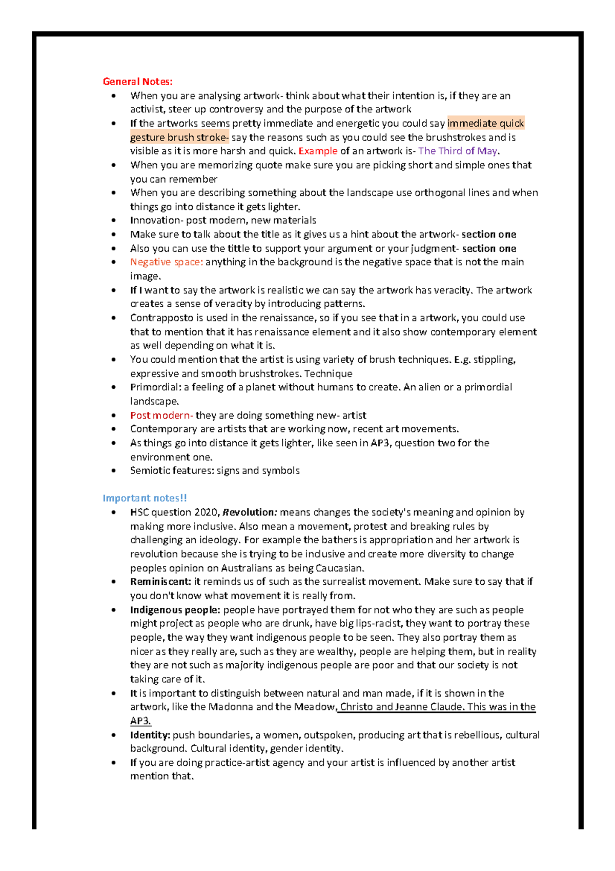 Visual art notes on section one and two - **General Notes: ** - When ...