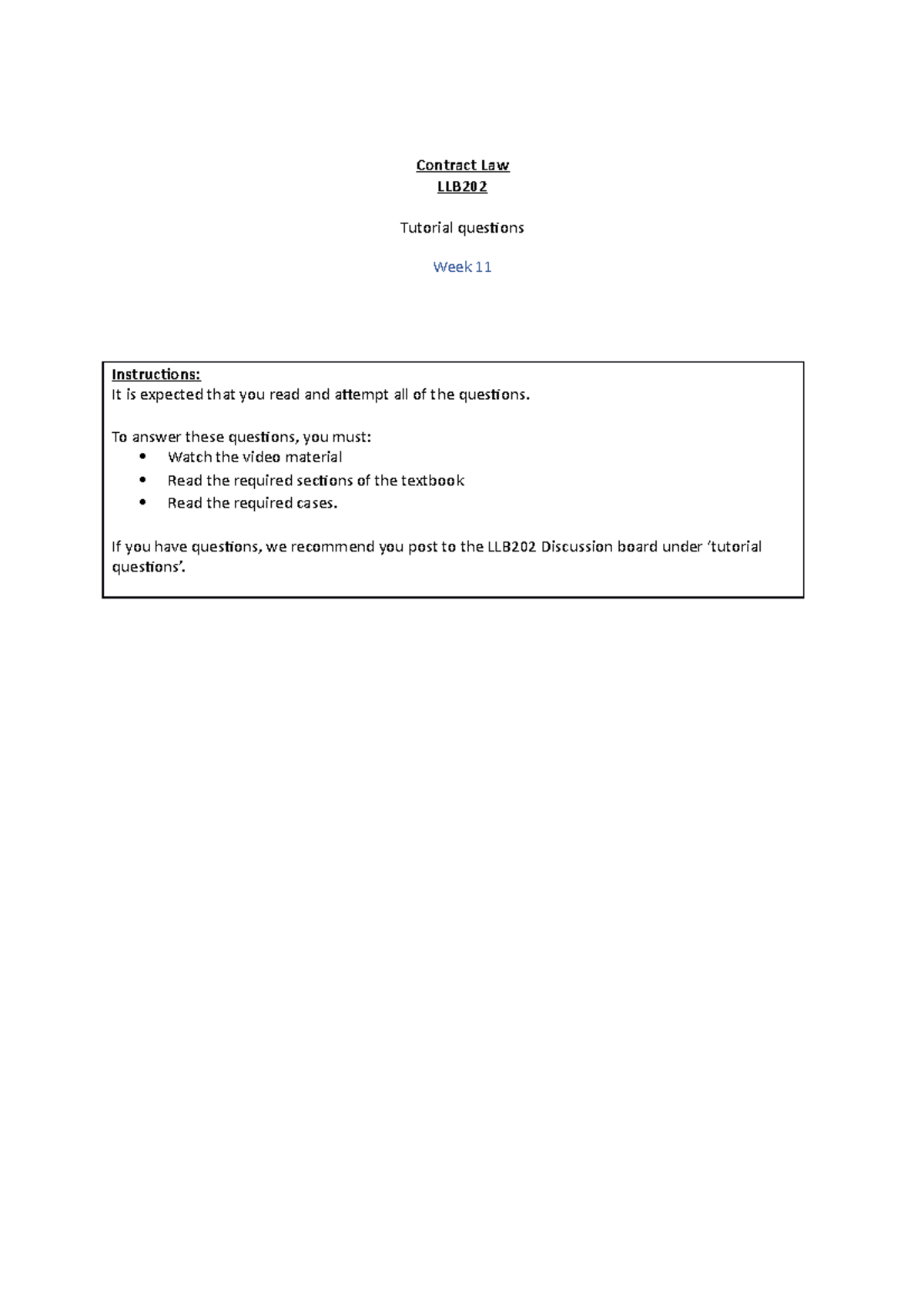2022 LLB202 Week 11 Tutorial Questions - Contract Law LLB Tutorial ...