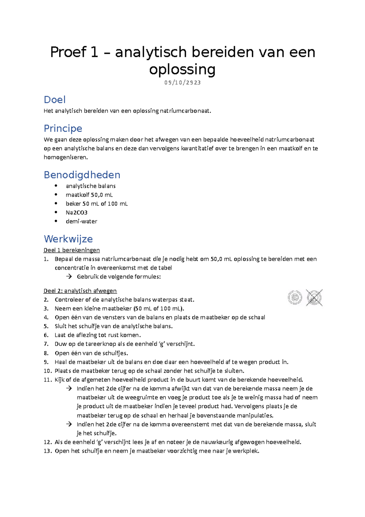 Proef 1 - Proef 1 – analytisch bereiden van een oplossing 09/10/ Doel ...