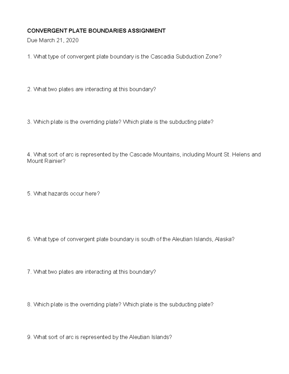 Convergent Plate Boundaries Assignment - CONVERGENT PLATE BOUNDARIES ...