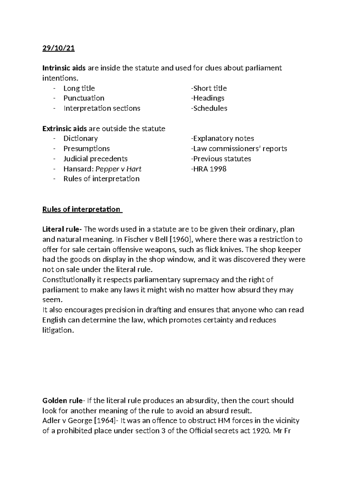 Rules of interpretation - 29/10/ Intrinsic aids are inside the statute ...