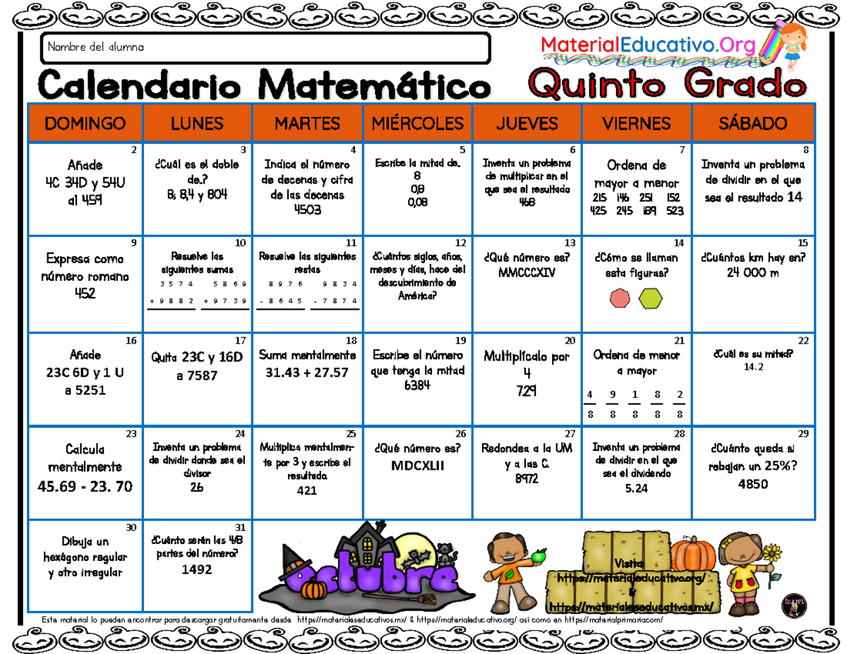 Calendario Matemático 5to Grado Octubre ME - DOMINGO LUNES MARTES ...