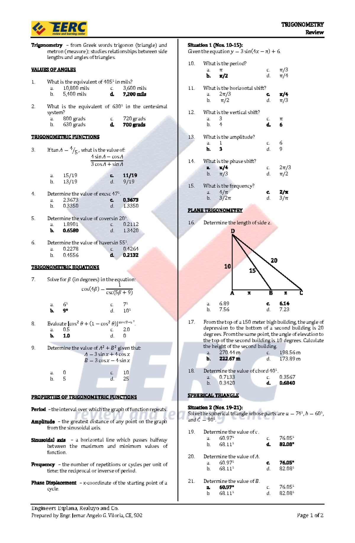 Trigonometry (Review Handout) - TRIGONOMETRY Review Engineers Esplana ...