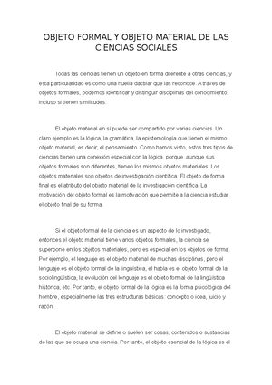 Objeto formal - Nota: 100 - OBJETO FORMAL Y MATERIAL DE LAS CIENCIAS ...