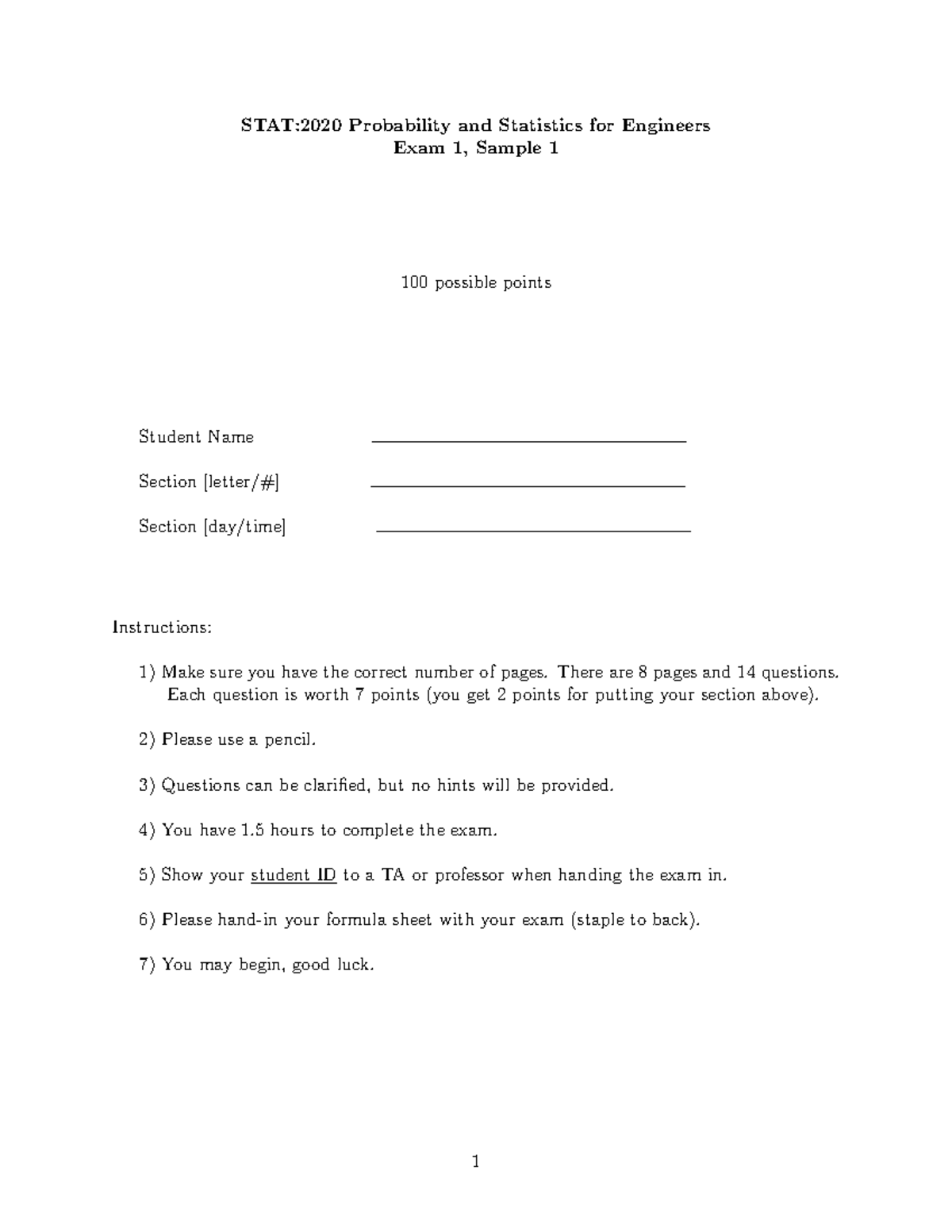 Stat：2020exam 1 sample 1 - STAT:2020 Probability and Statistics for ...