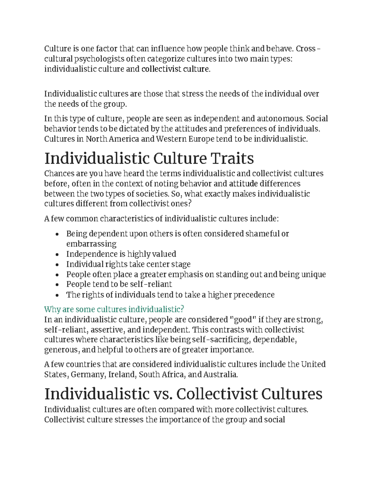 Individualistic Culture Notes - Culture is one factor that can ...