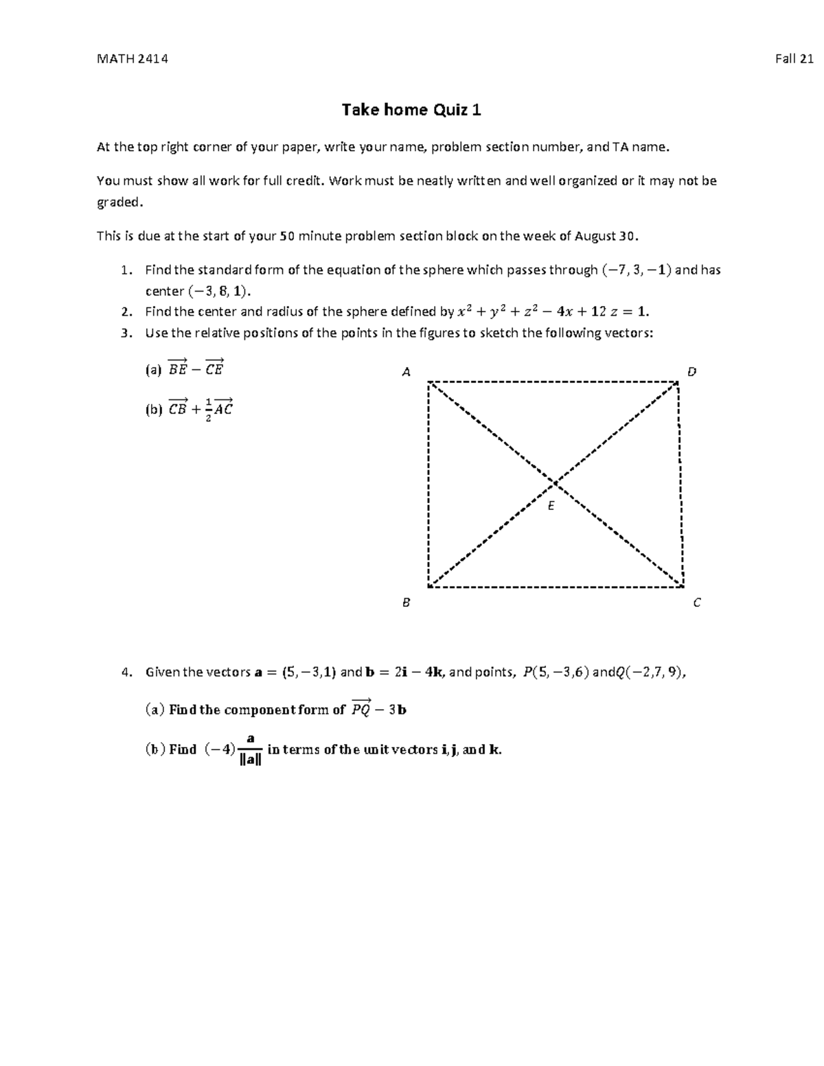 2414 Takehome Quiz 1 - Dr. Kelly Aman - MATH 2414 Fall 21 Take home ...