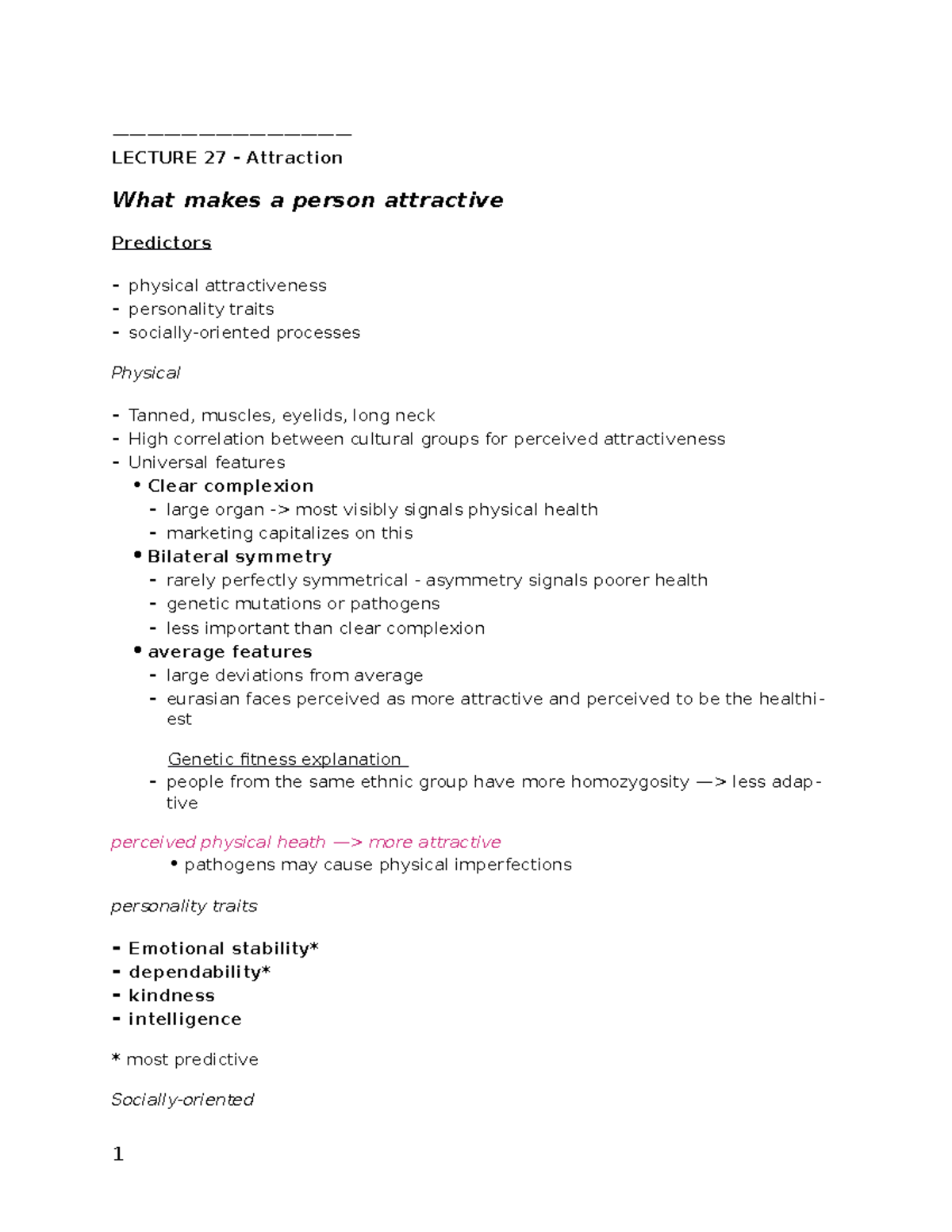 Lecture Notes - Attraction - LECTURE 27 Attraction What makes a person ...